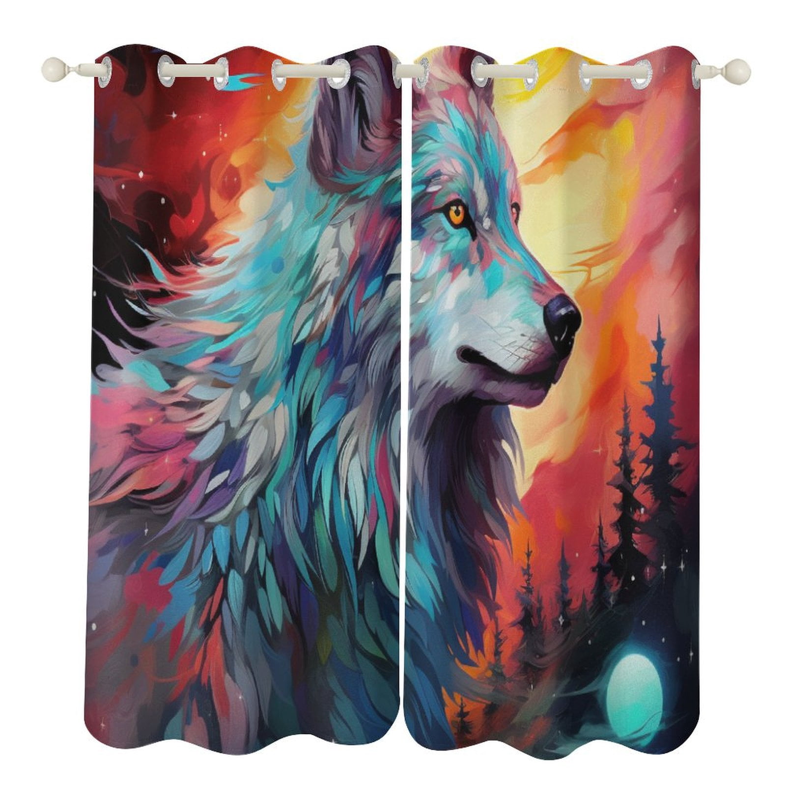 Colorful Lone Wolf Window Curtain Panels Grommet Blackout Curtains ...