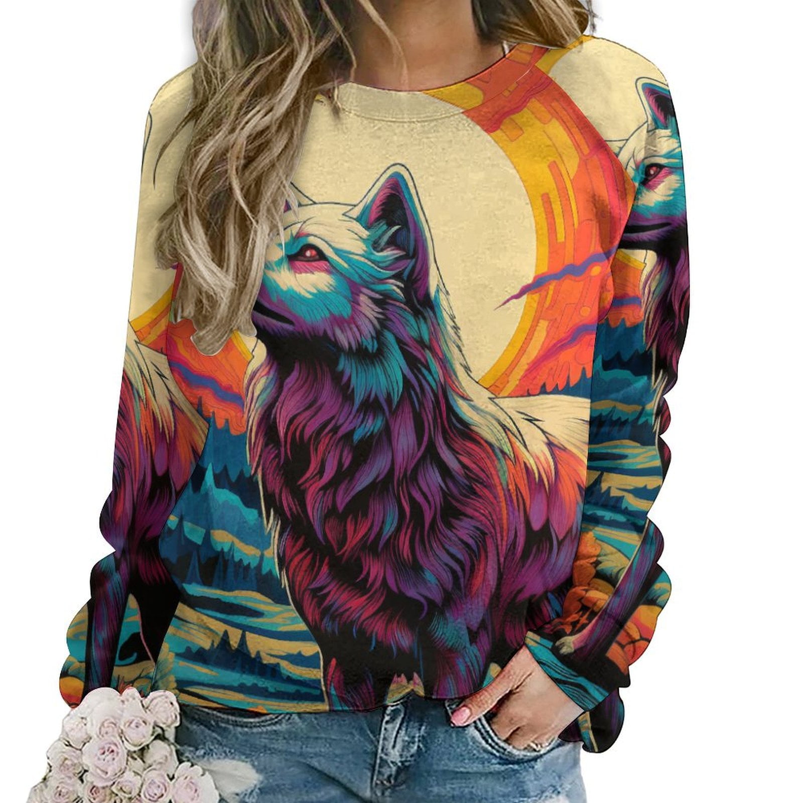 Colorful Lone Wolf Womens Oversized Sweatshirts Hoodies Crewneck Casual ...
