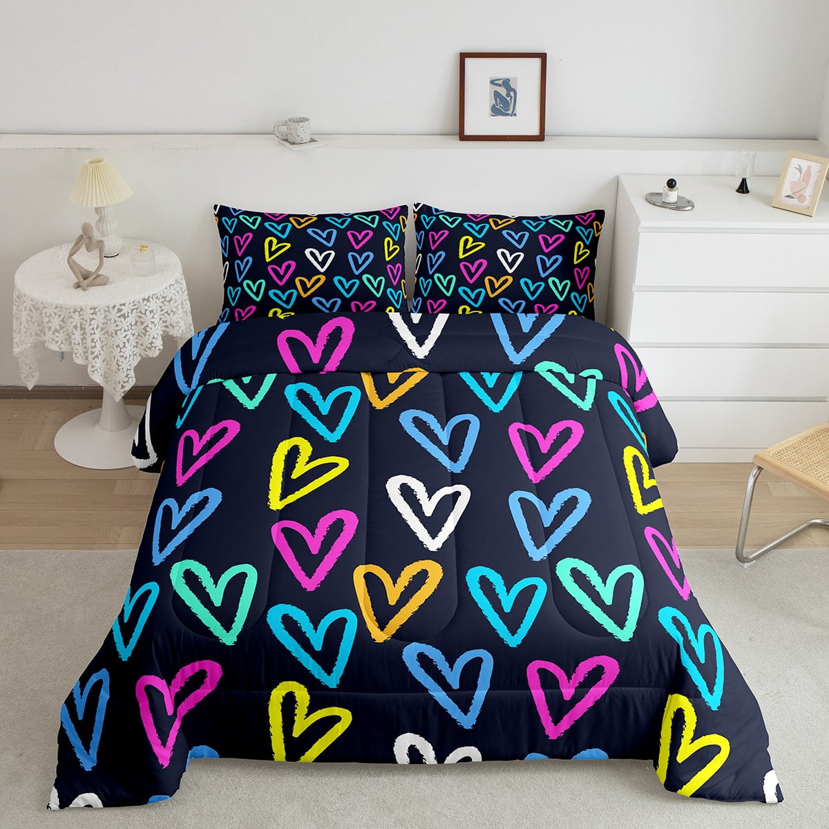 Colorful Love Heart Comforter Set King Cute Cartoon Hearts Bedding Set ...