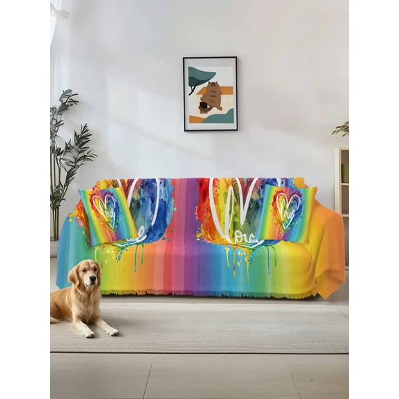 Colorful Love Heart Couch Cover for Dogs, Watercolor Striped Rainbow ...