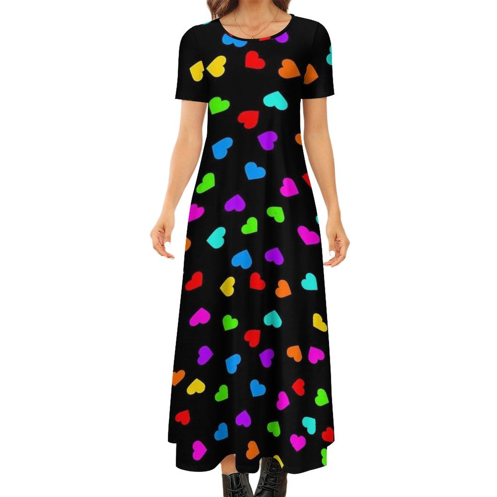 Colorful Love Heart Maxi Dress for Women Crew Neck Beach Dress Short ...