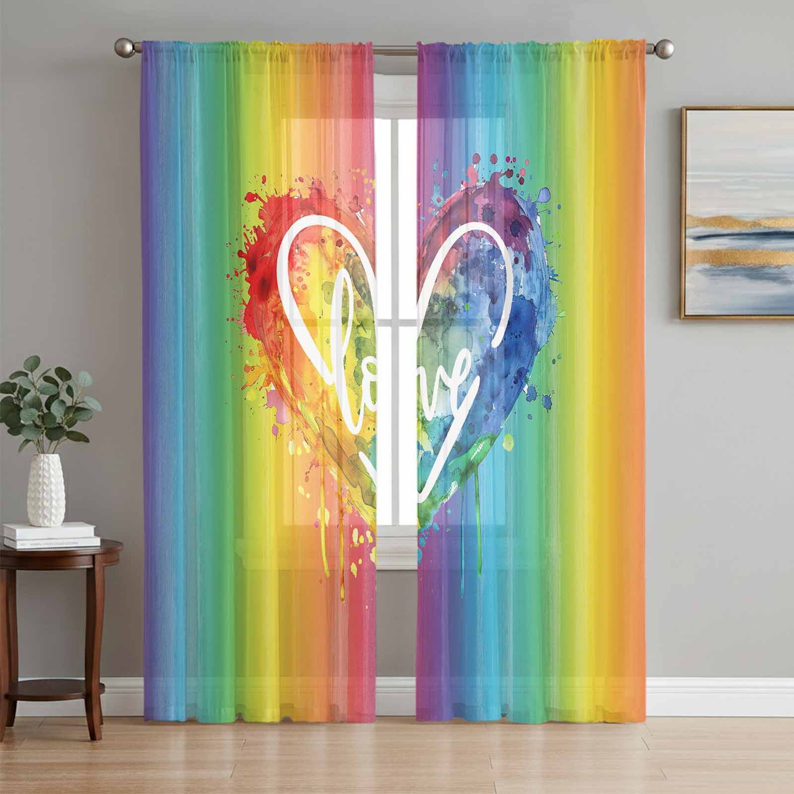 Colorful Love Heart Semi Sheer Curtains 108 Inch Length 2 Panels Set ...