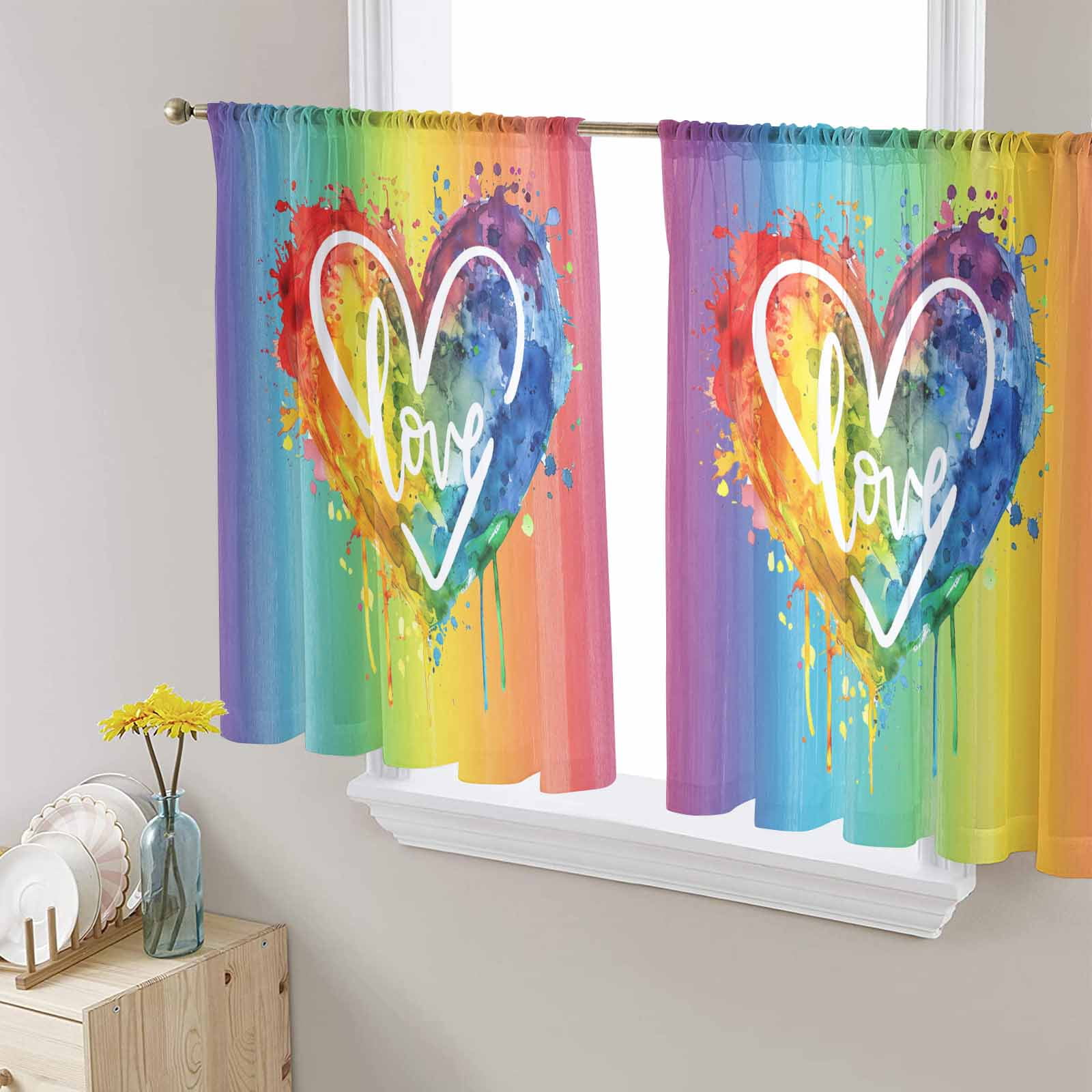 Colorful Love Heart Sheer Curtains 54 Inches Length 2 Panels Set ...