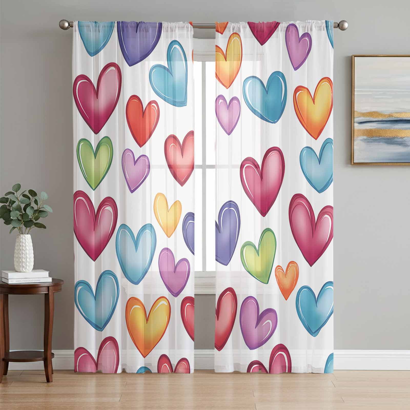 Colorful Love Heart Sheer Curtains 72 Inch Length 2 Panels Set, Modern ...