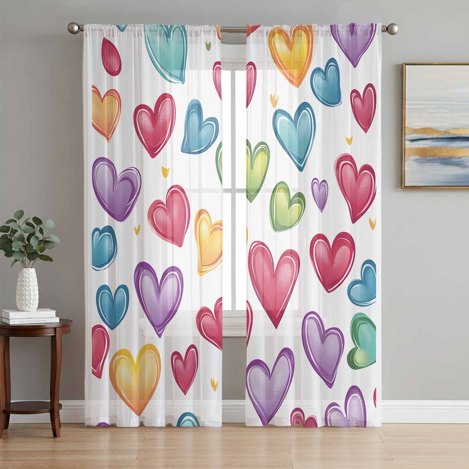 Colorful Love Heart Sheer Curtains 96 Inch Length 2 Panels Set, Modern ...