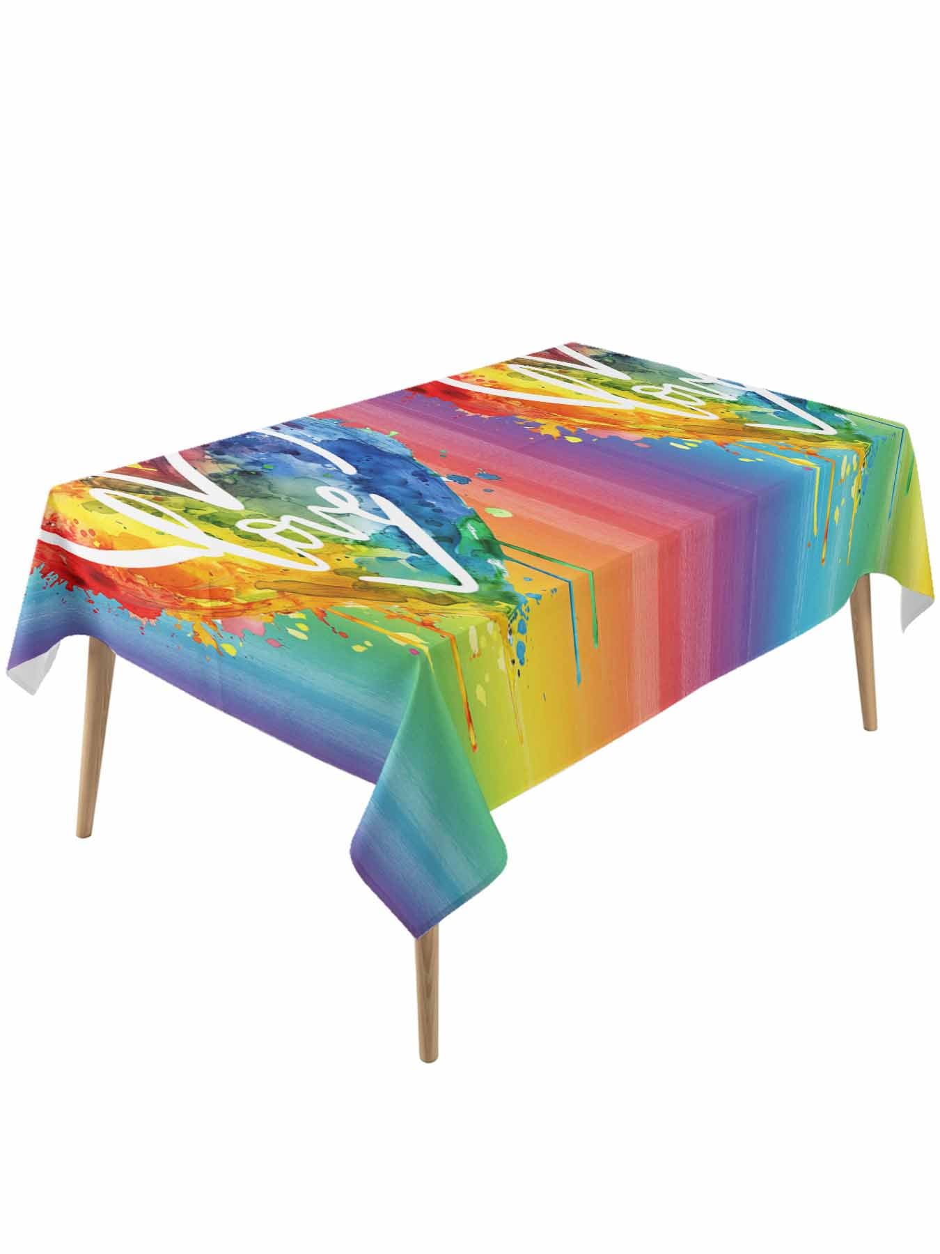 Colorful Love Heart Table Cloth, Watercolor Striped Rainbow Waterproof ...
