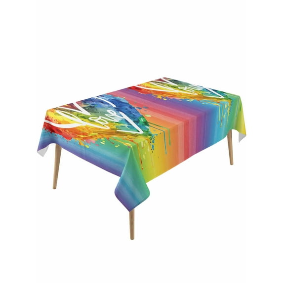 Colorful Love Heart Table Cloth, Watercolor Striped Rainbow Waterproof ...