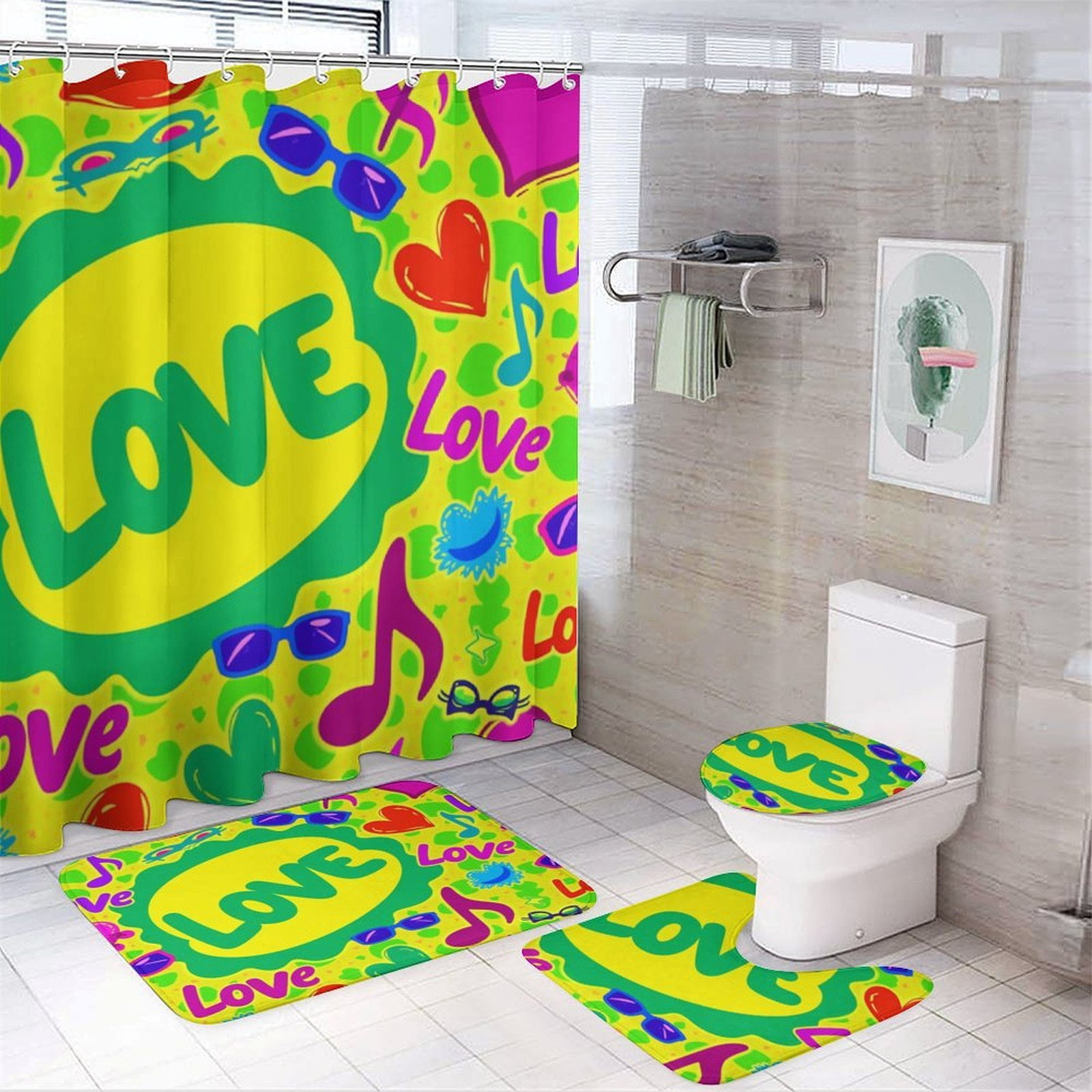 Colorful Love Themed Pattern 4 Pcs Bathroom Shower Curtain Set ...
