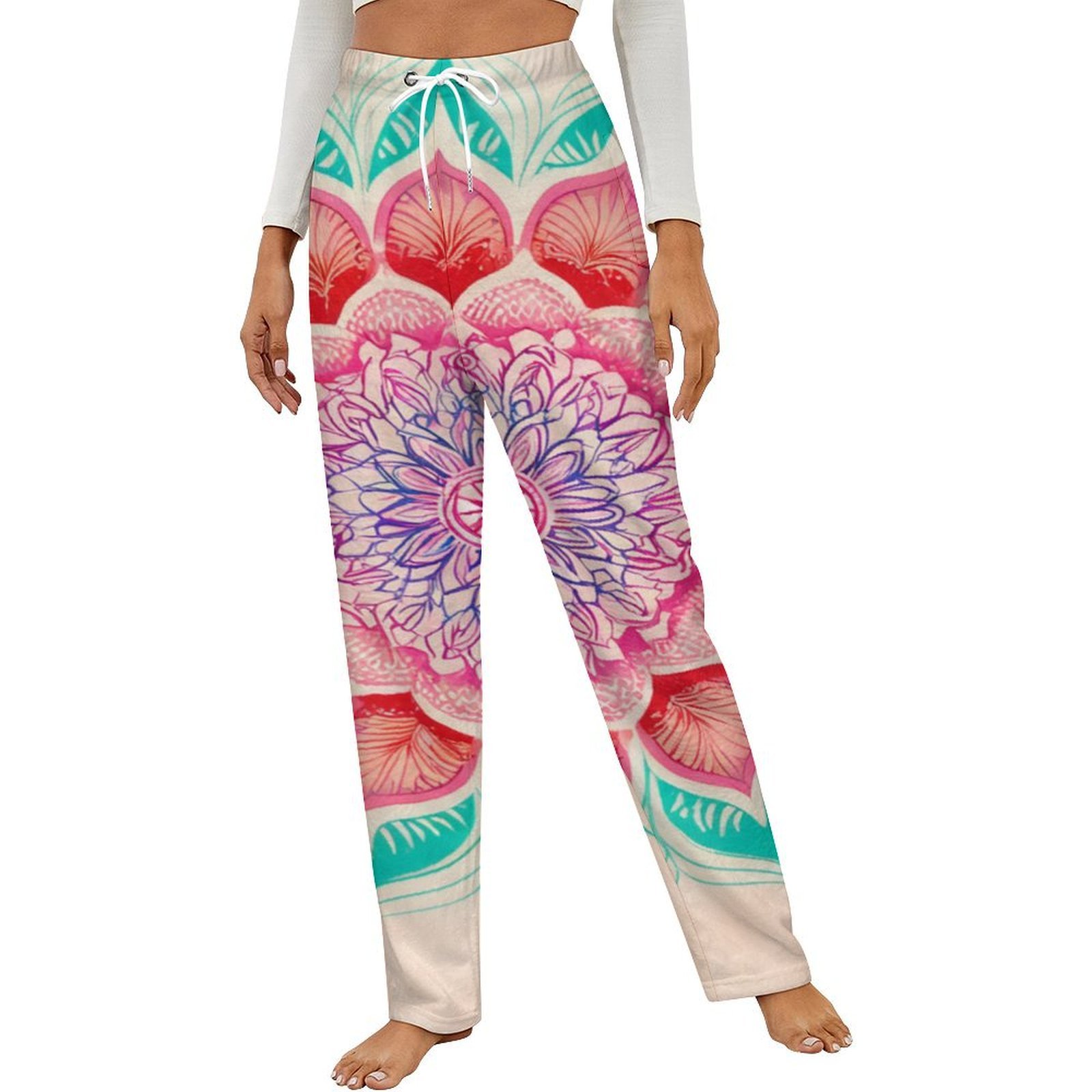 Colorful Mandala Art Print Winter Female Pants Flannel High Waist Women ...