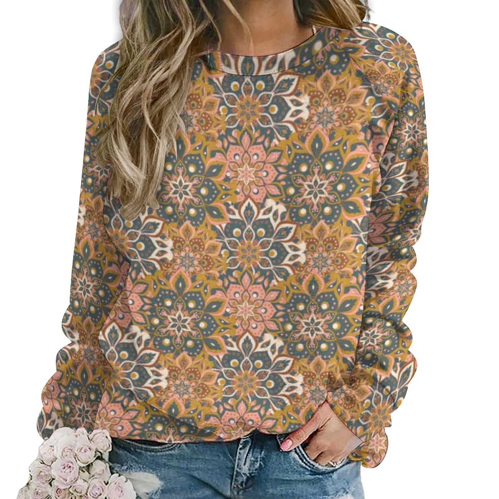 Colorful Mandala Bohemian Hoodies Lady Long-Sleeve Bright Retro Floral ...