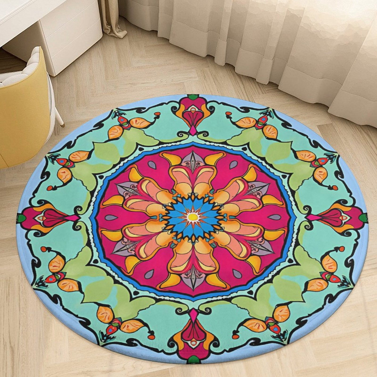 A Colorful Mandala Design on A Light Blue Background_02 Round Area Rugs for Bedroom Living Room ...