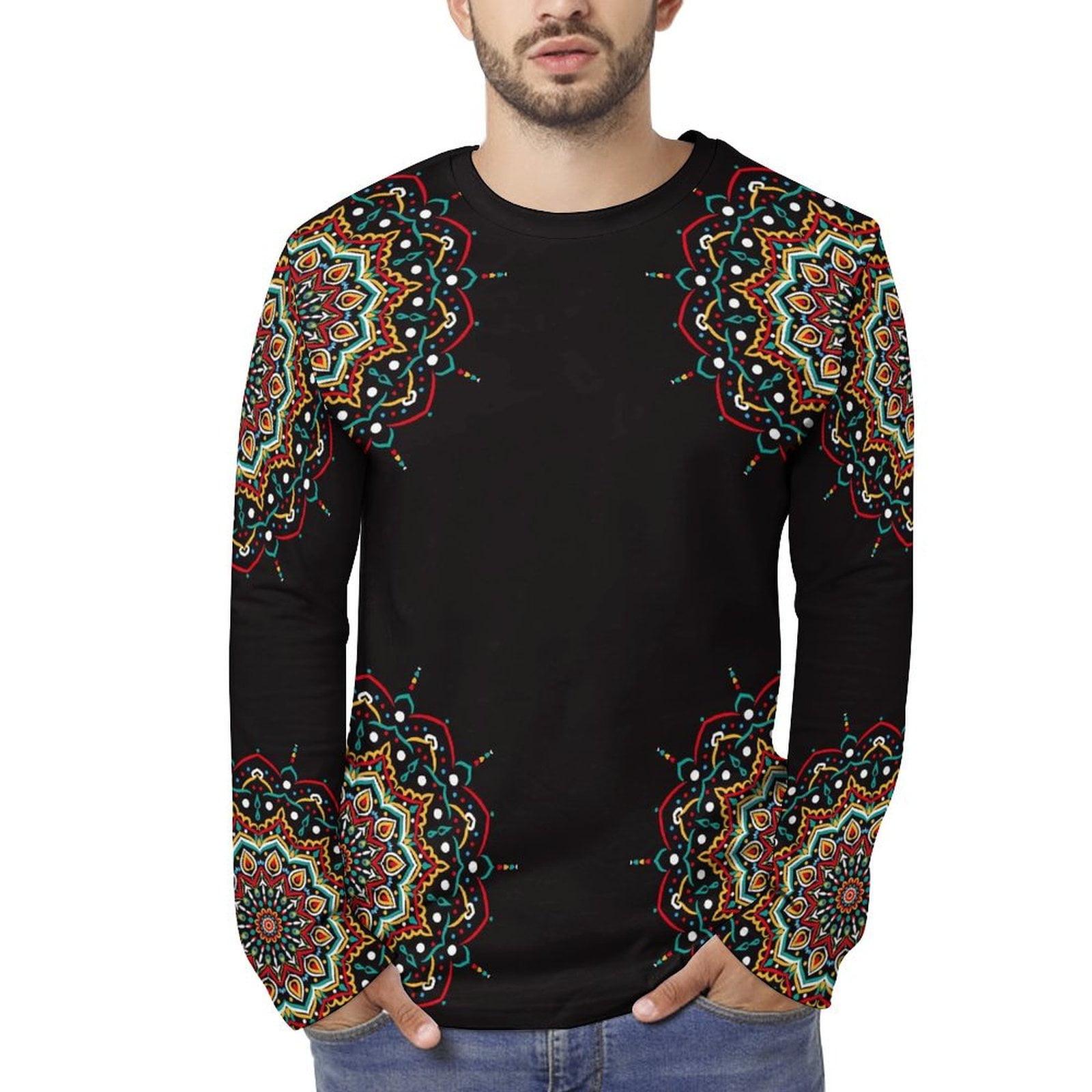 Colorful Mandala Long Sleeve T Shirts for Men, Crew Neck Mens Long ...