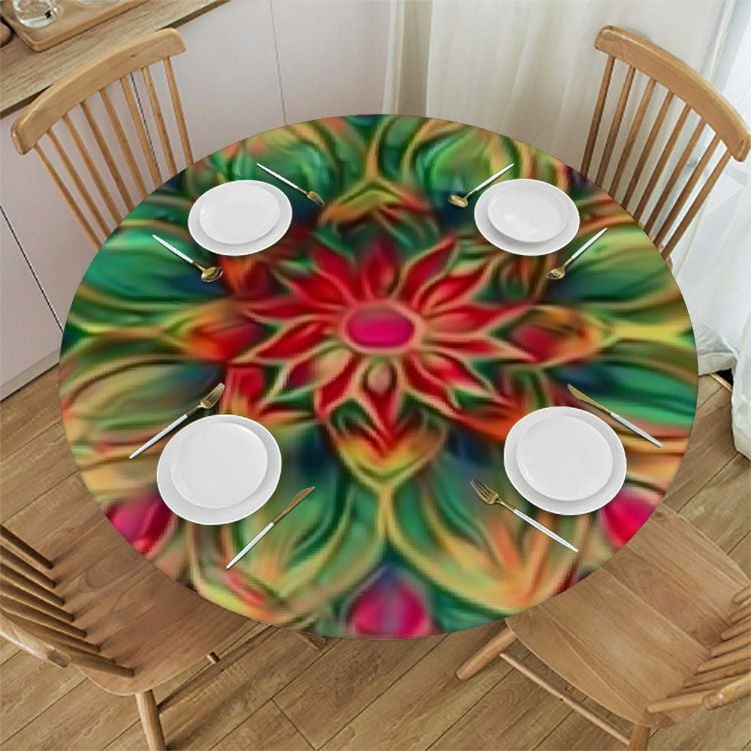 Colorful Mandala Round Fitted Tablecloth Boho Flower Round Table Cover ...