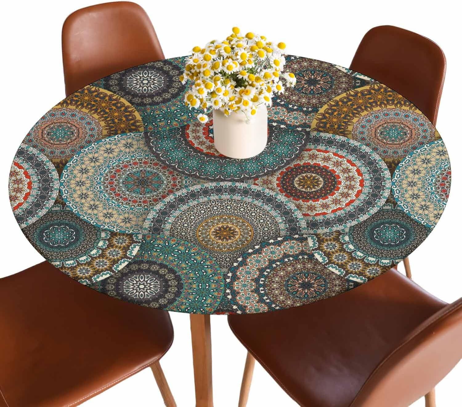 Colorful Mandala Round Tablecloth Retro Floral Spiral Top Retro Blue ...