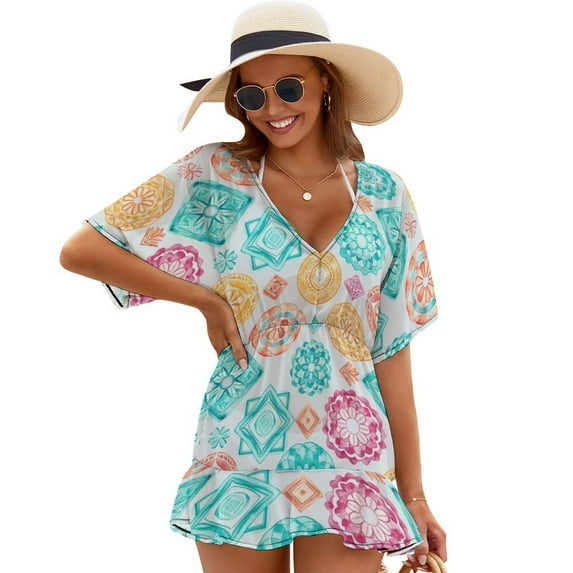 Colorful Mandala Tiles Design Beach Cover Ups Women V Neck Short Sleeve ...