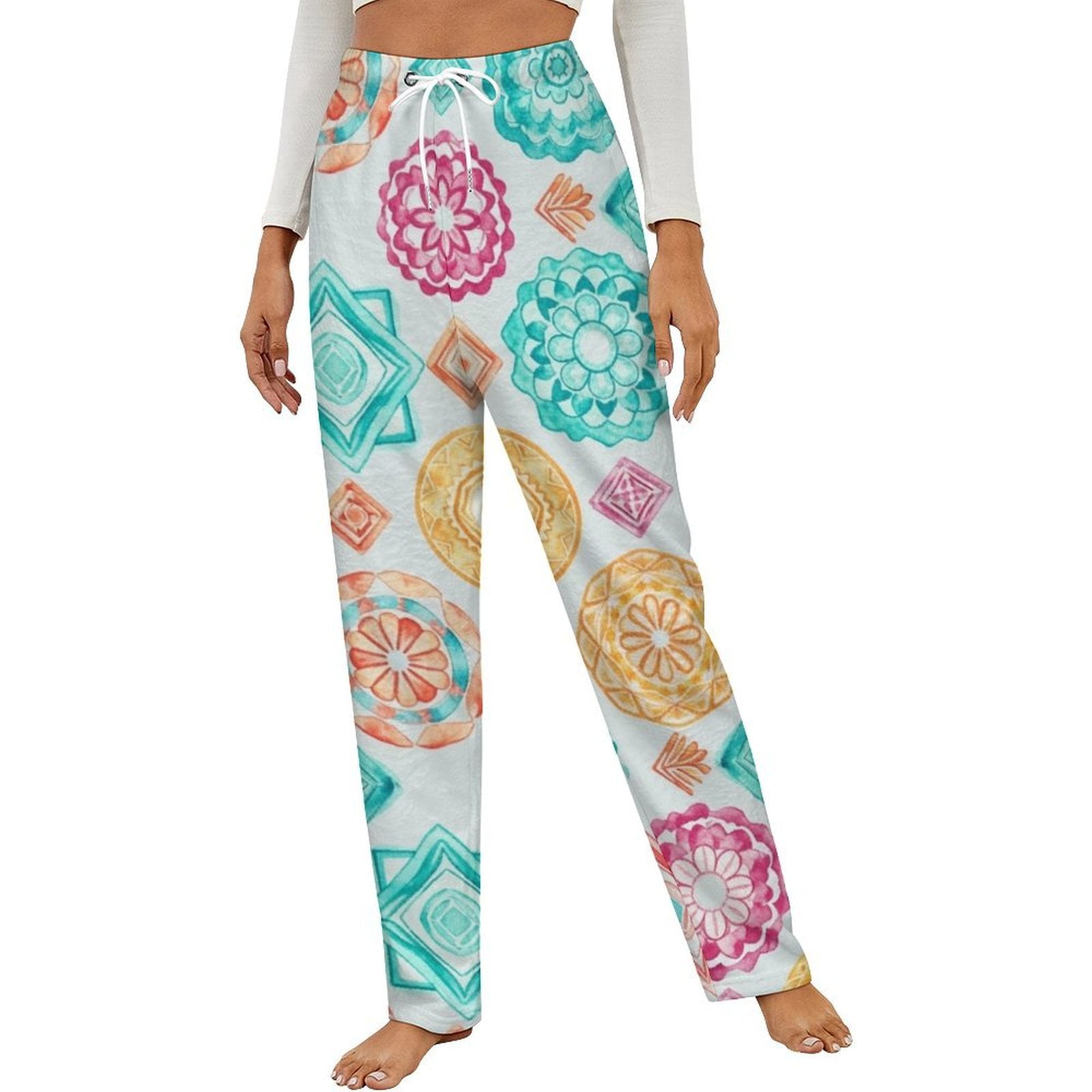 Colorful Mandala Tiles Design Winter Female Pants Flannel High Waist ...