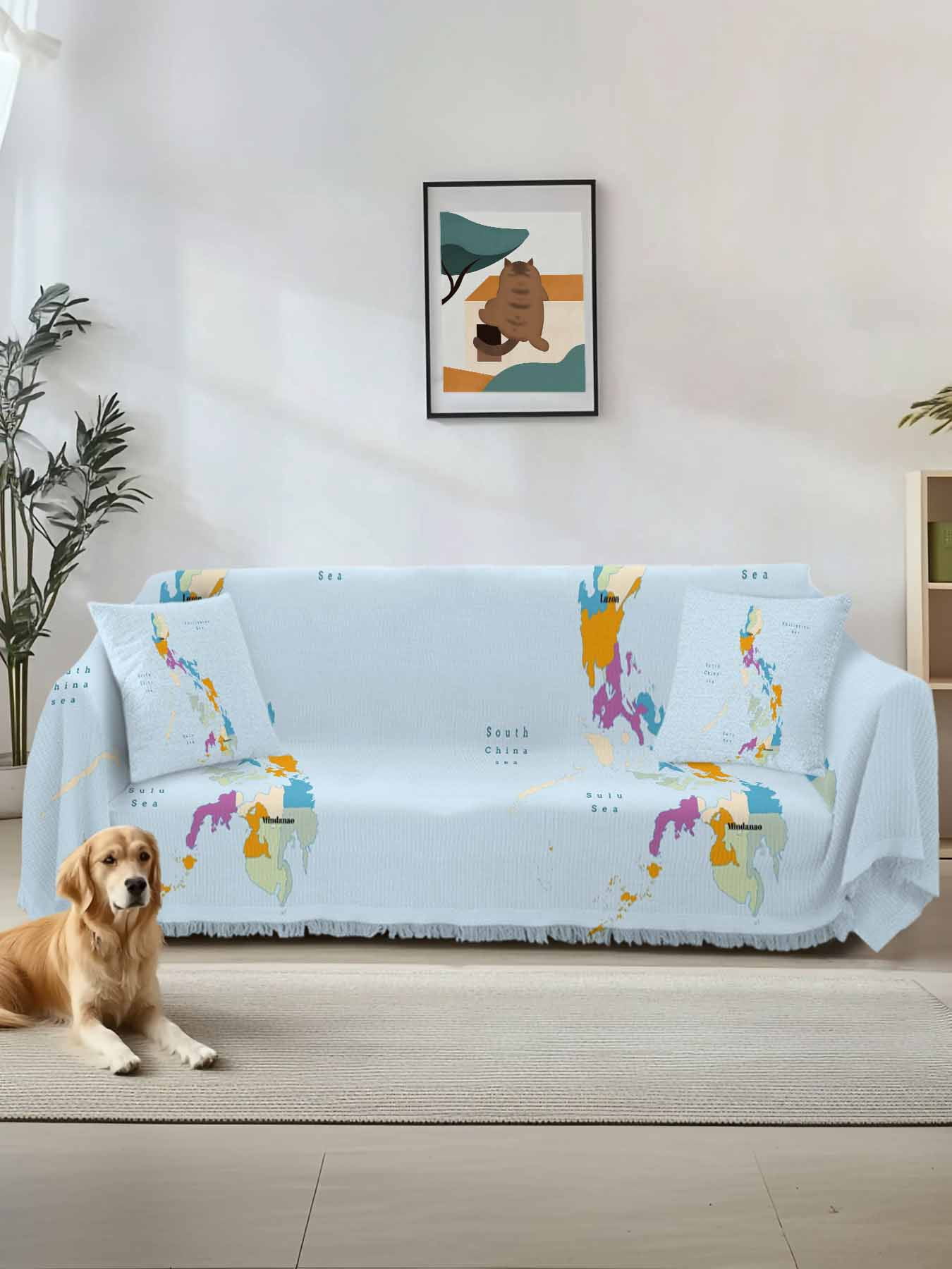 Colorful Map Couch Cover, Modern Abstract Minimalist Illustration Art ...