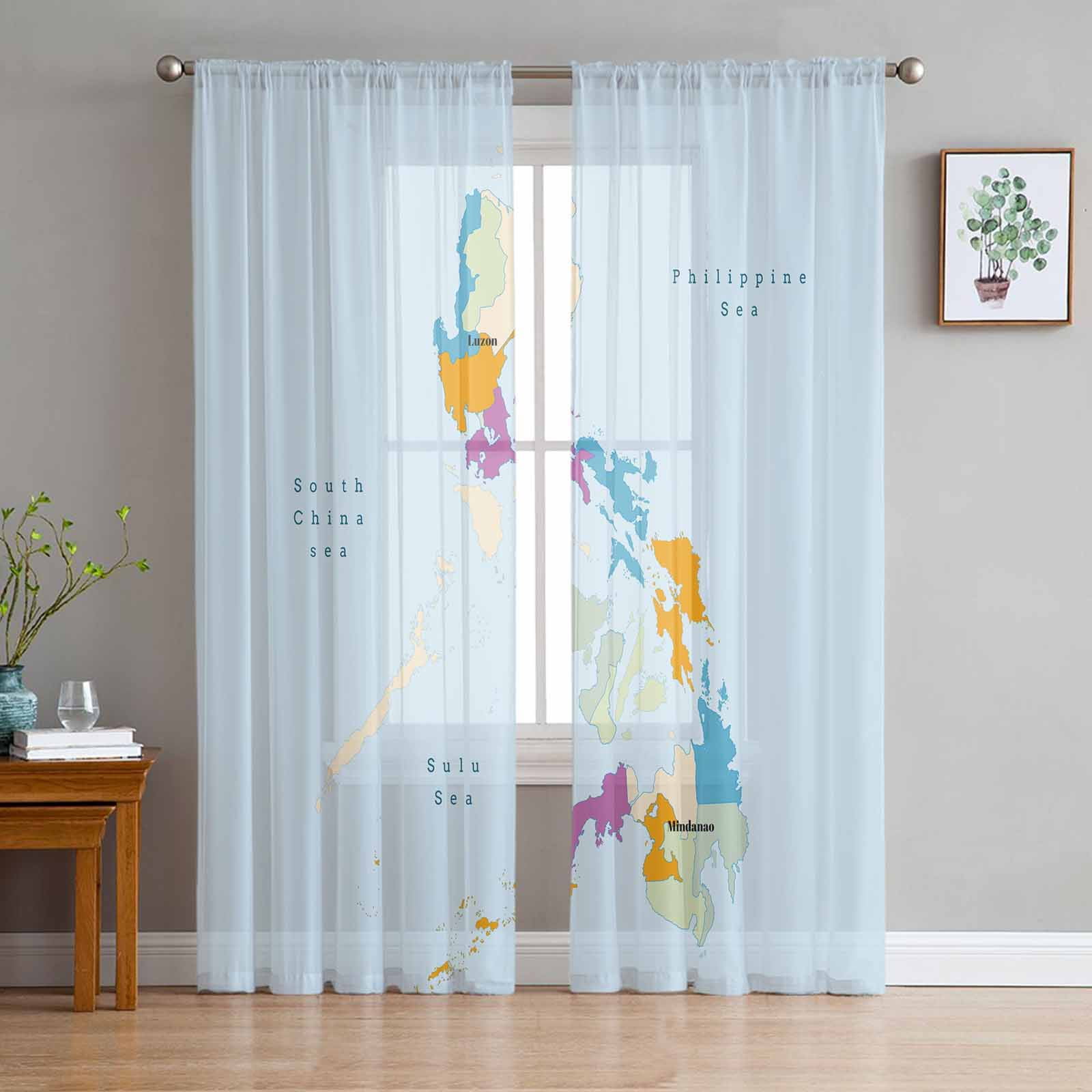 Colorful Map Sheer Curtains 72 Inches Long 2 Panels Set, Window Sheer ...