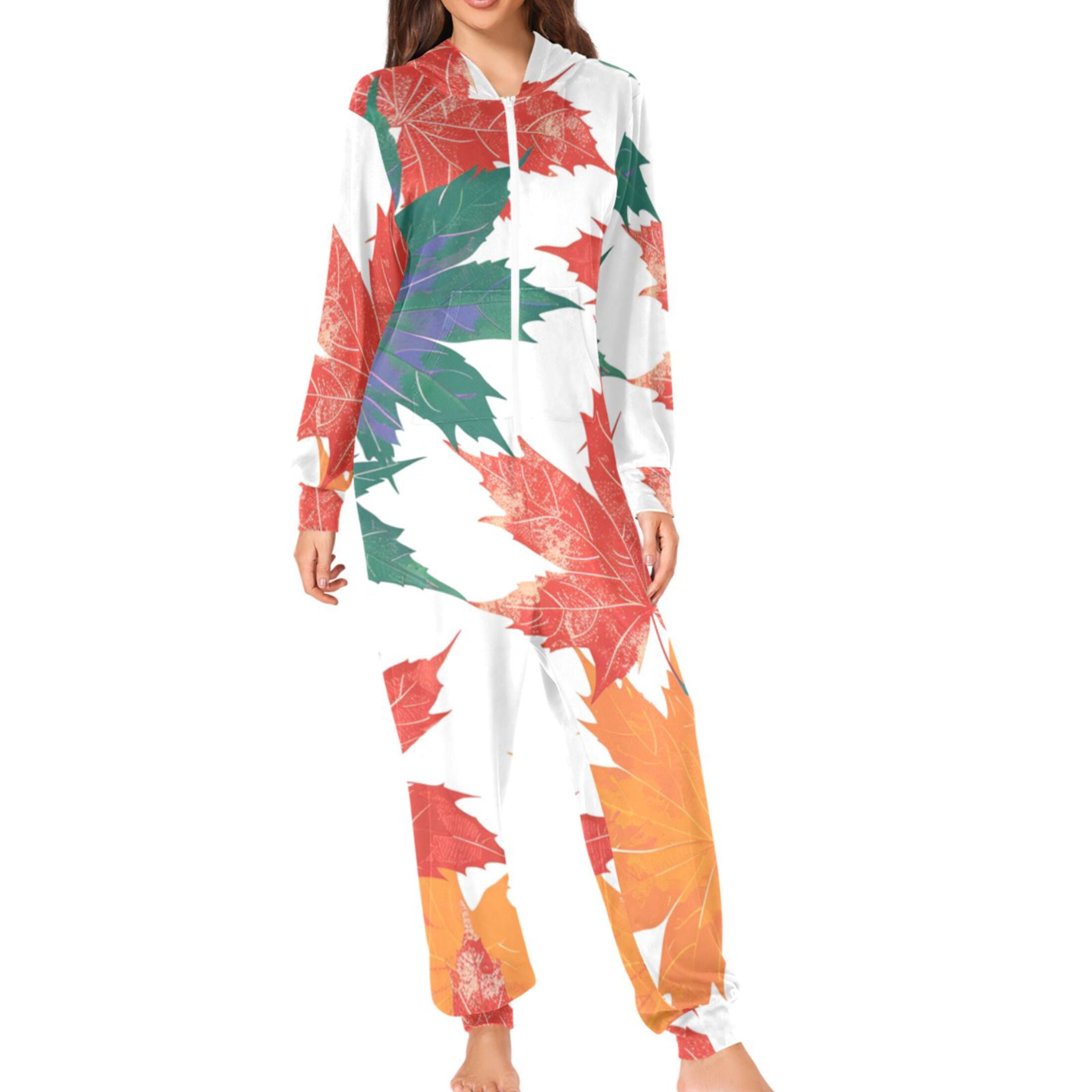Colorful Maple Leaves Hand Drawn Adult's Hoodie Onesie Jumpsuit One ...