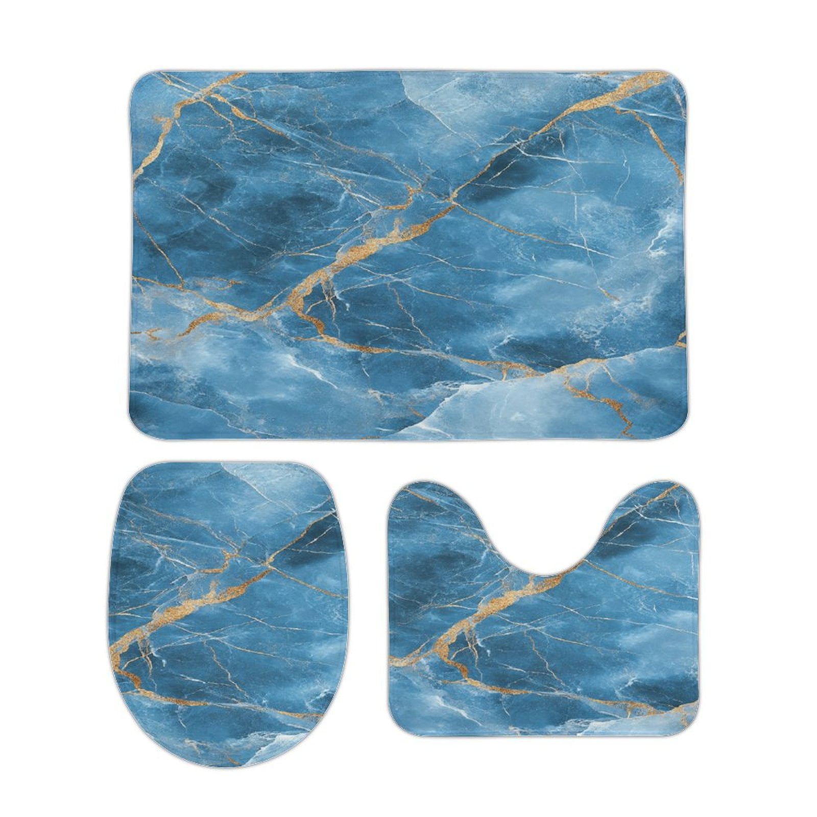 Colorful Marble Blue Gilded Gold (15) Bathroom Rugs Set 3 Piece with ...