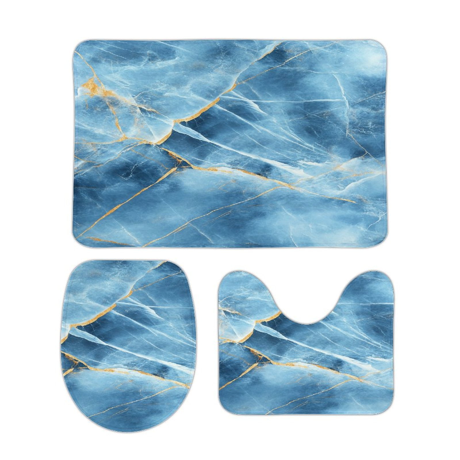 Colorful Marble Blue Gilded Gold (4) Bathroom Rugs Set 3 Piece with Non ...