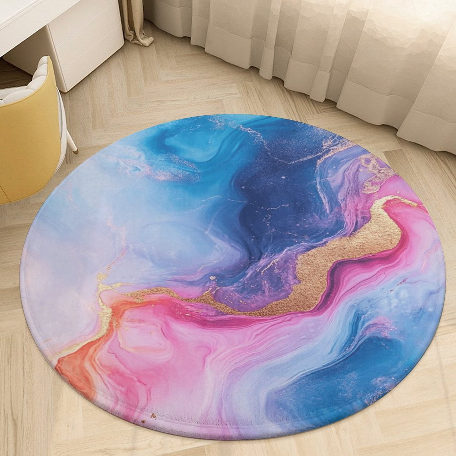 Colorful Marble Blue Gilded Gold Round Area Rugs for Bedroom Living Room, 4FT Soft Indoor Circle ...