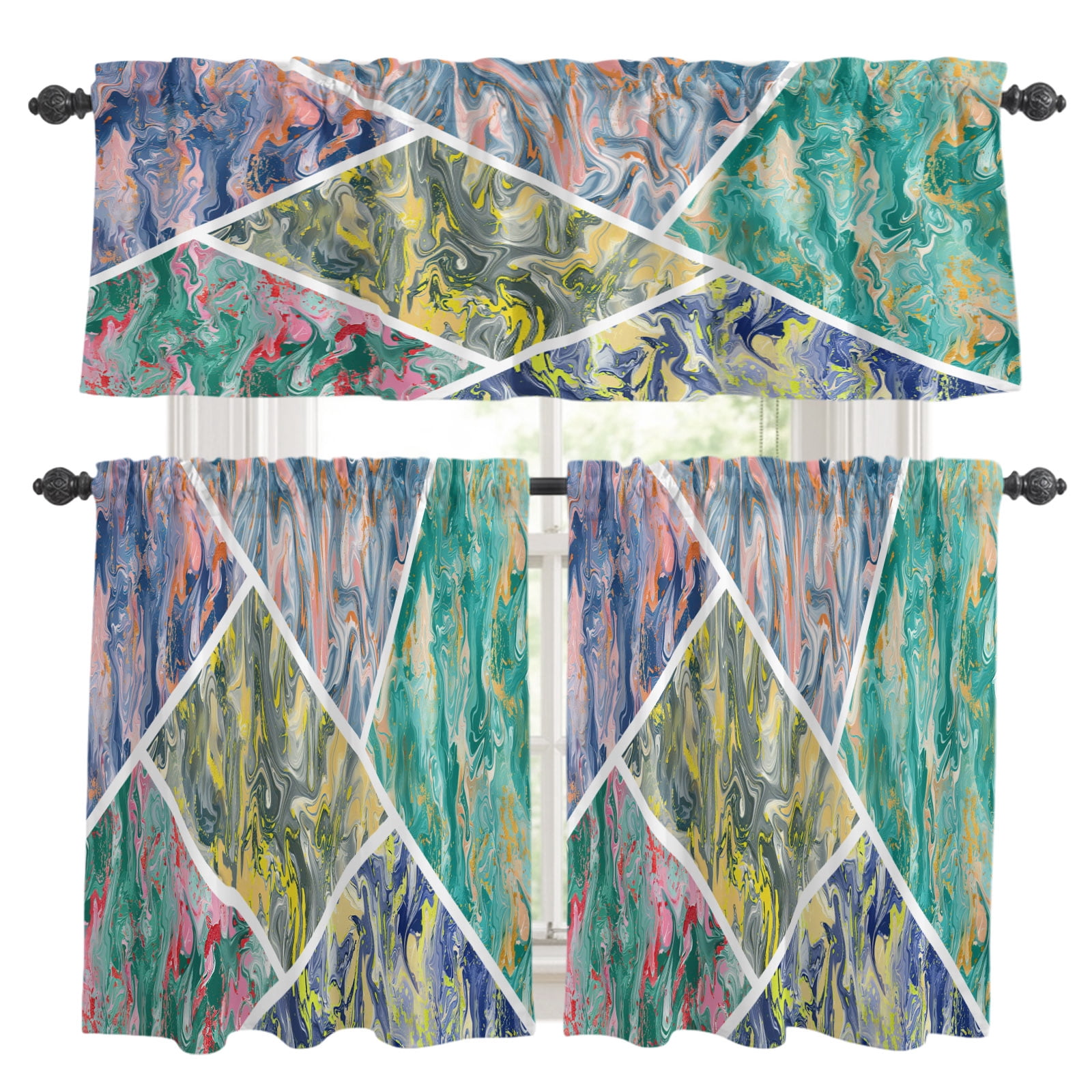 Colorful Marble Kitchen Curtains Valance and Tier Set Abstract ...