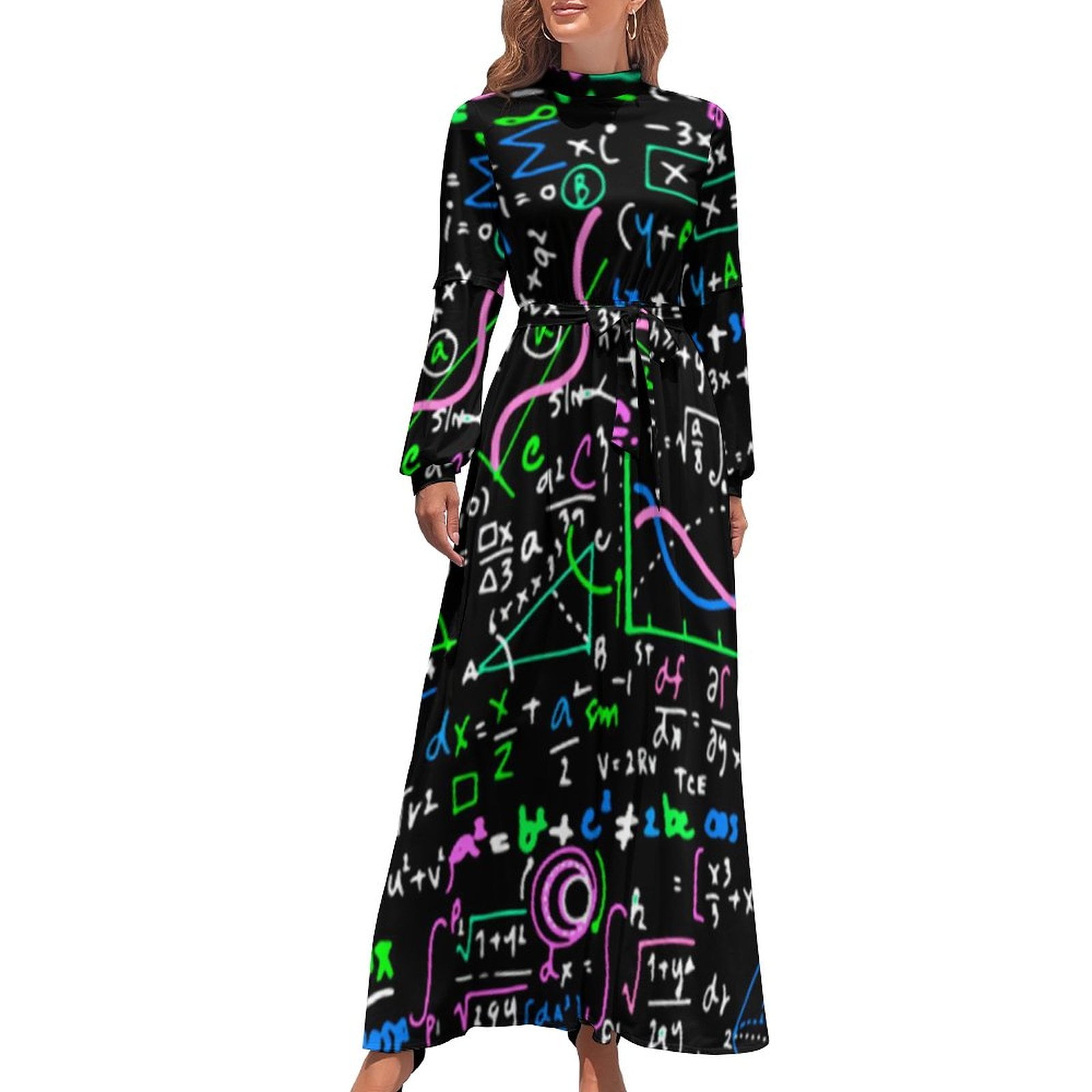 Colorful Math Dress Long Sleeve Mathematical Symbols Modern Maxi Dress ...