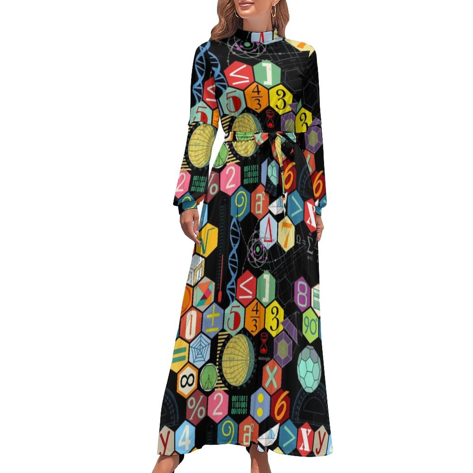 Colorful Math Dress Long Sleeve Mathematical Symbols Modern Maxi Dress ...