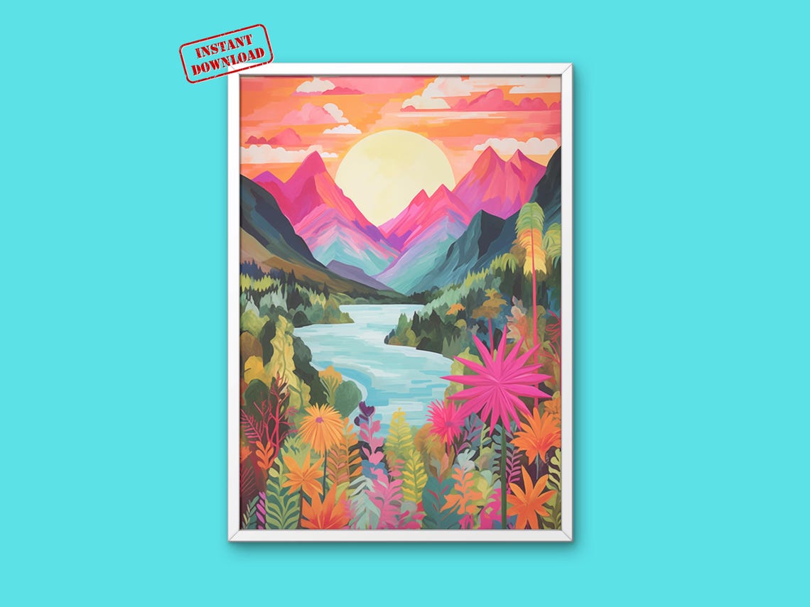 Colorful Maximalist Mountain Sunset Art Print, Vibrant Nature Landscape ...