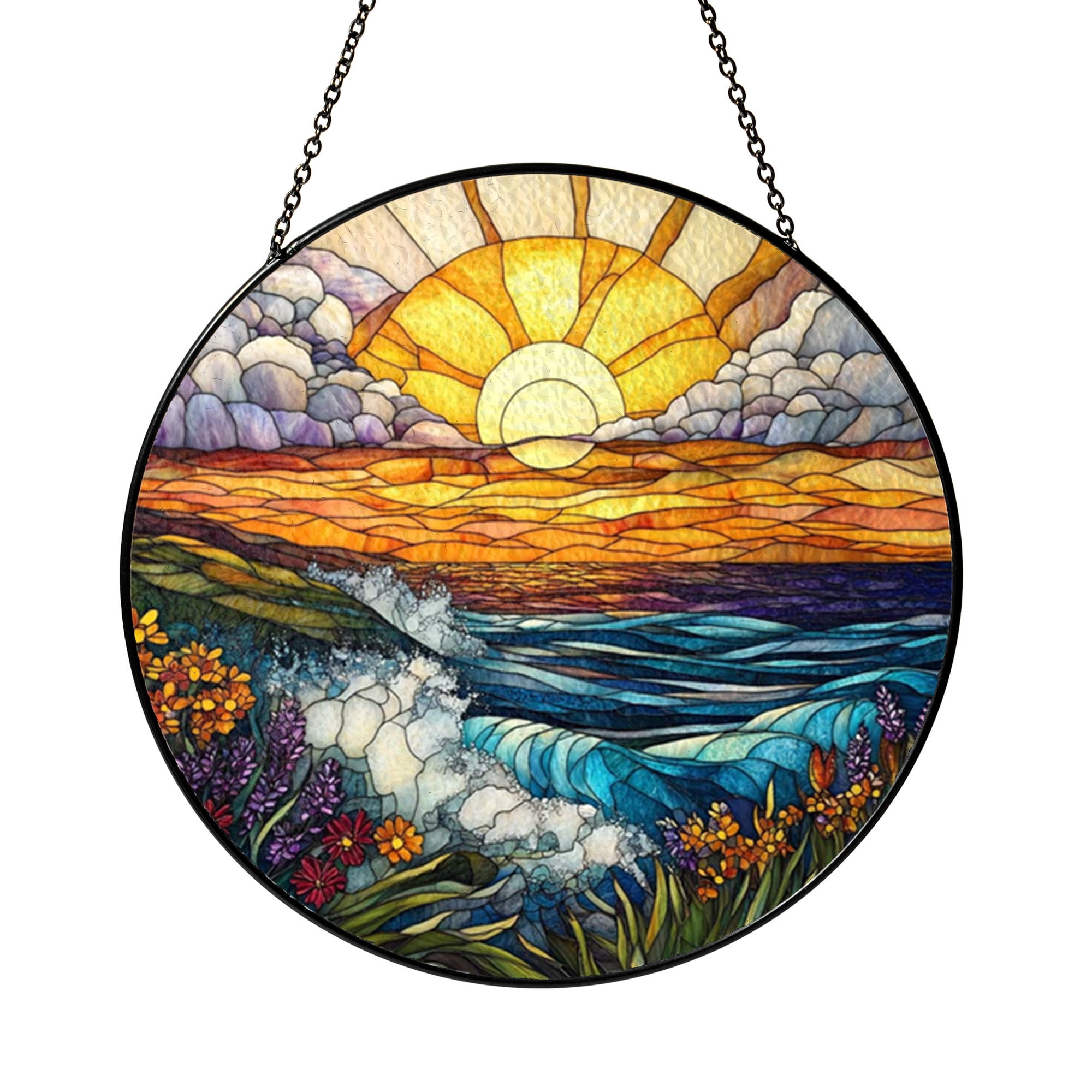 Colorful Meadow Flowers with Rolling Ocean Waves Stained Glass Style ...