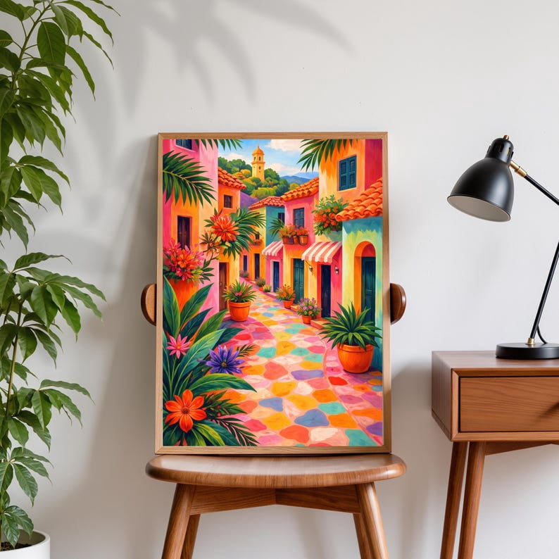 Colorful Mediterranean street vibrant village scene bold architecture ...