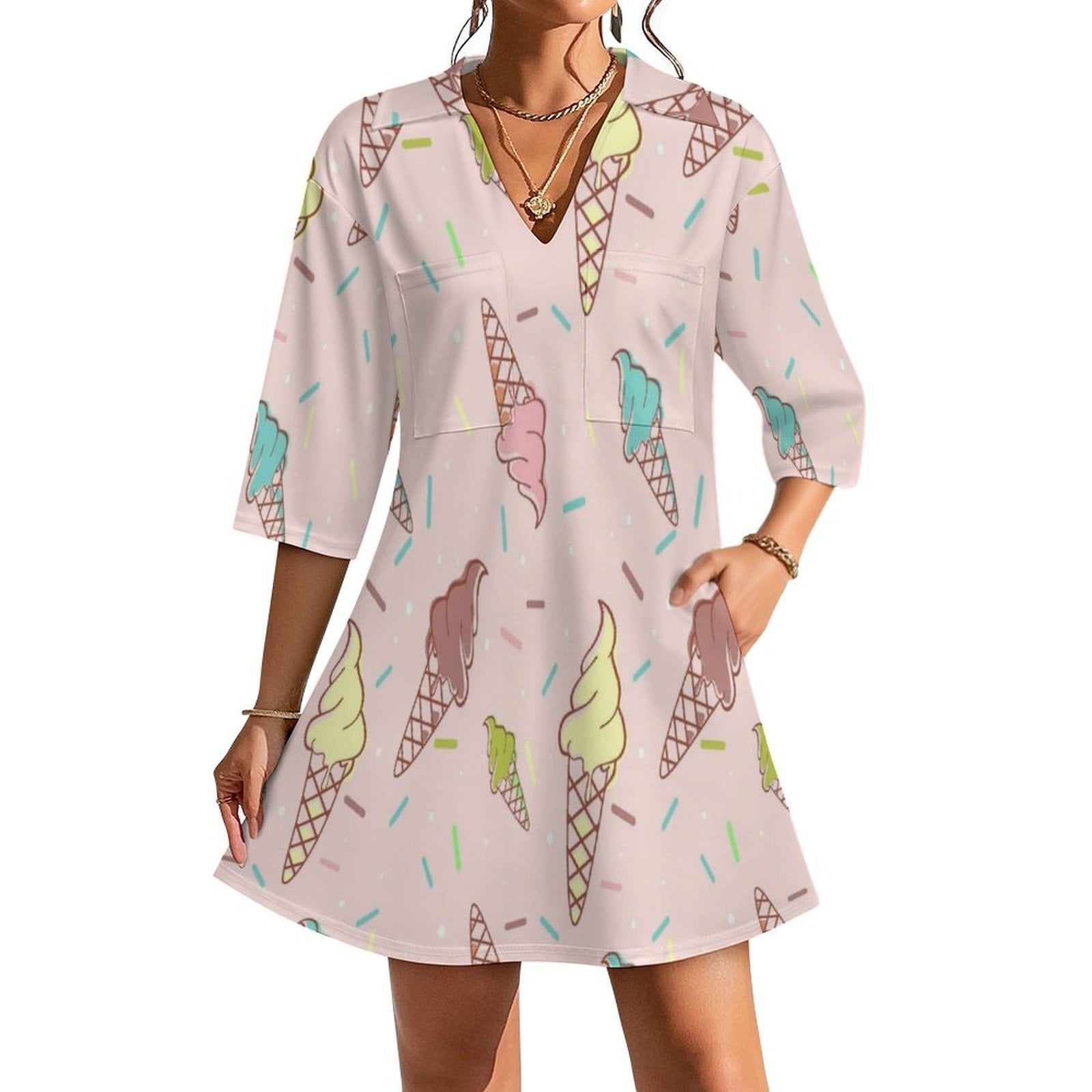 Colorful Melting Ice-cream Womens Dress With Pockets Summer V Neck 3/4 ...