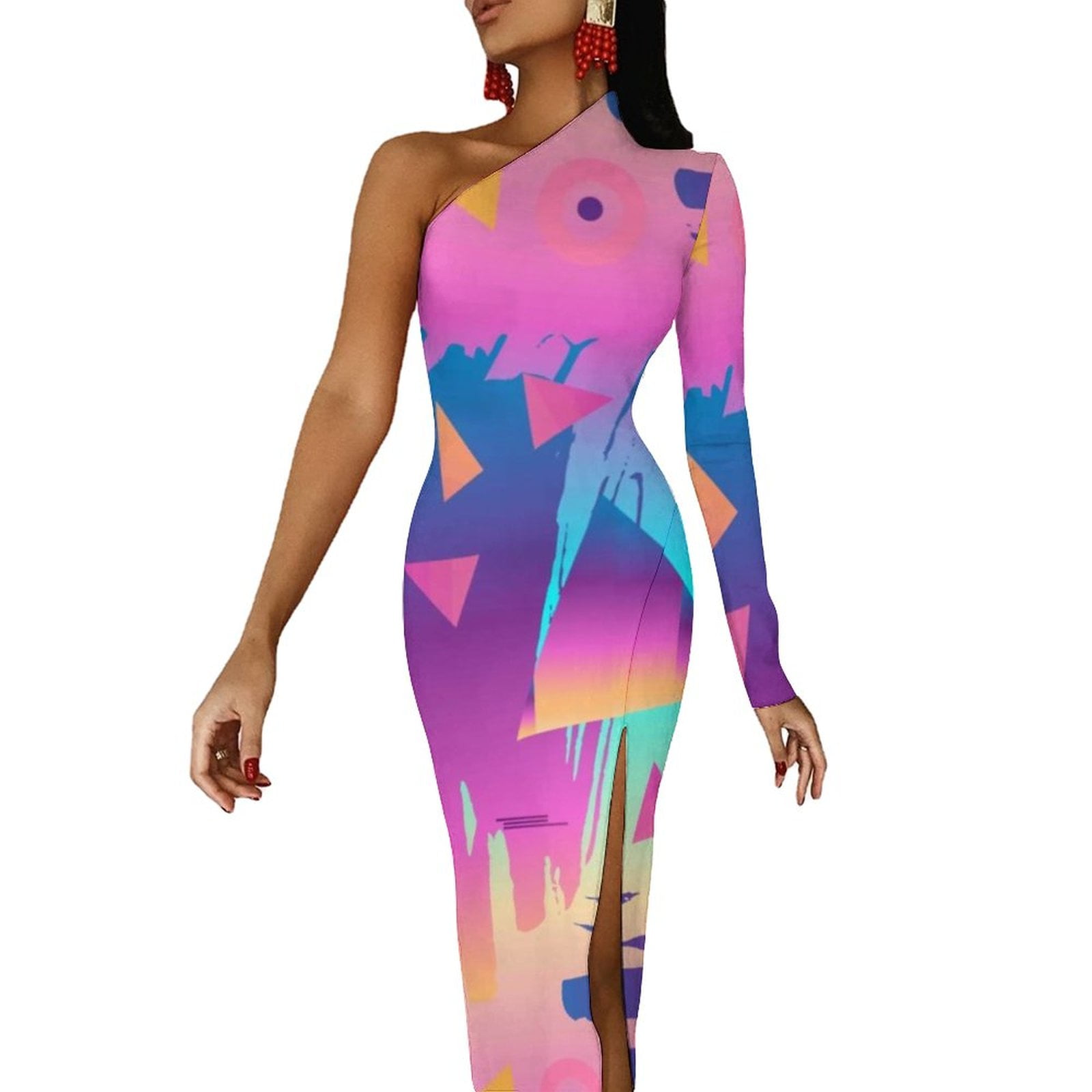 Colorful Memphis Long Dress Female Retro Shapes 1980s Party Maxi Dress ...