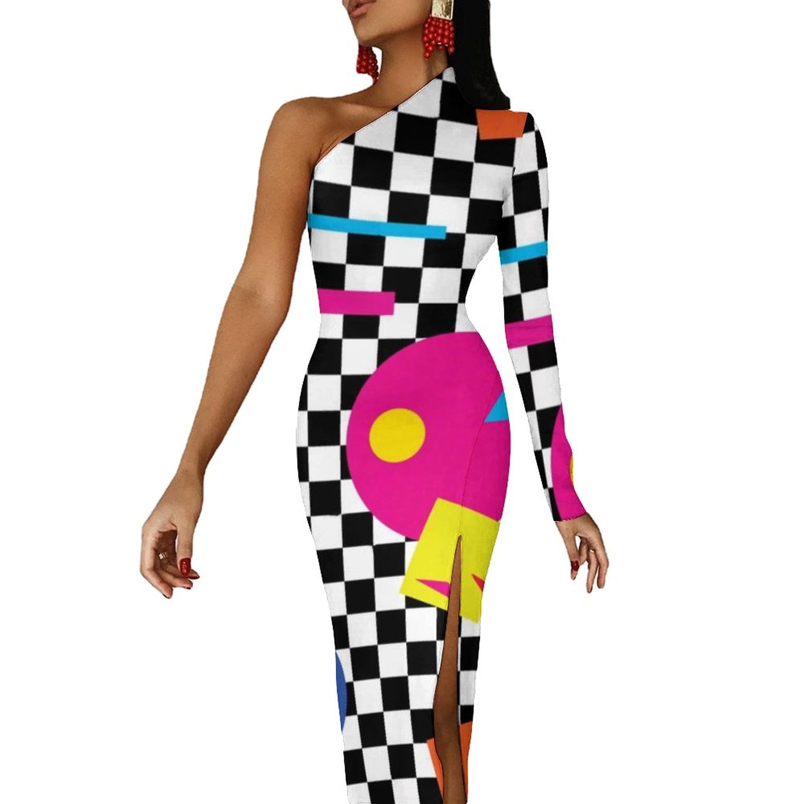 Colorful Memphis Long Dress Female Retro Shapes 1980s Party Maxi Dress ...