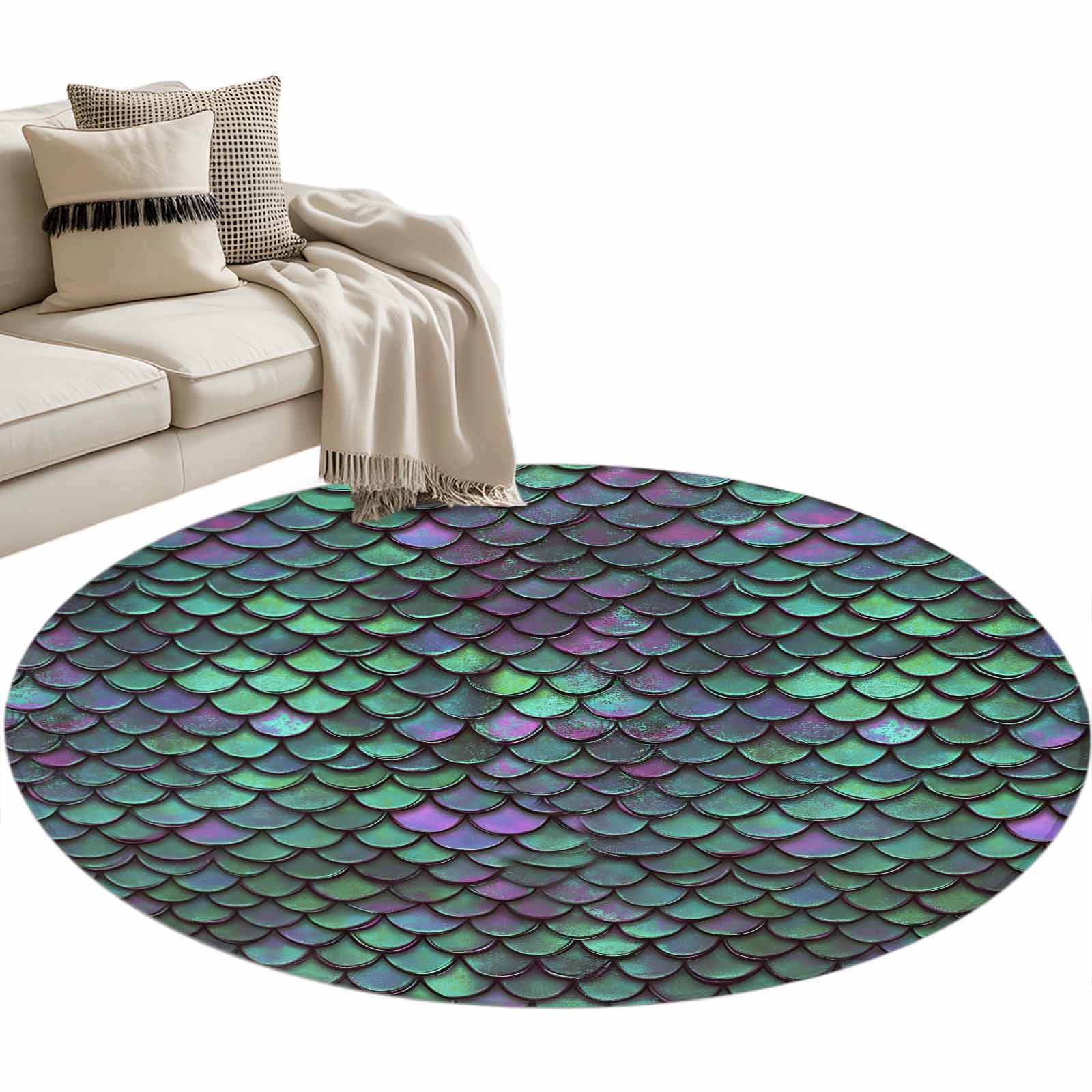 Colorful Mermaid Round Area Rug 3ft Scales Ombre Texture Non-Slip ...