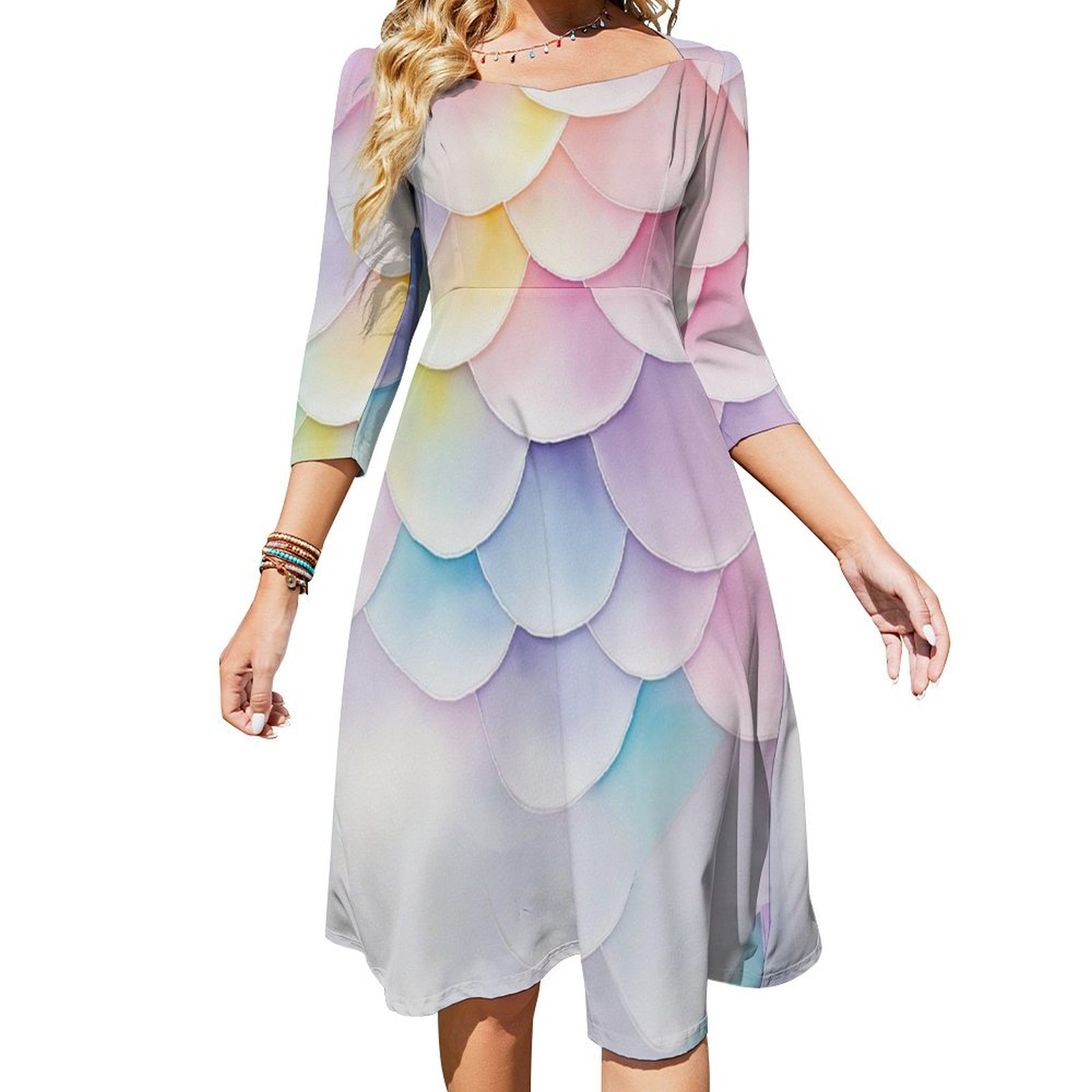 Colorful Mermaid Scales Flare Dress Square Neck Dress Elegant Female ...