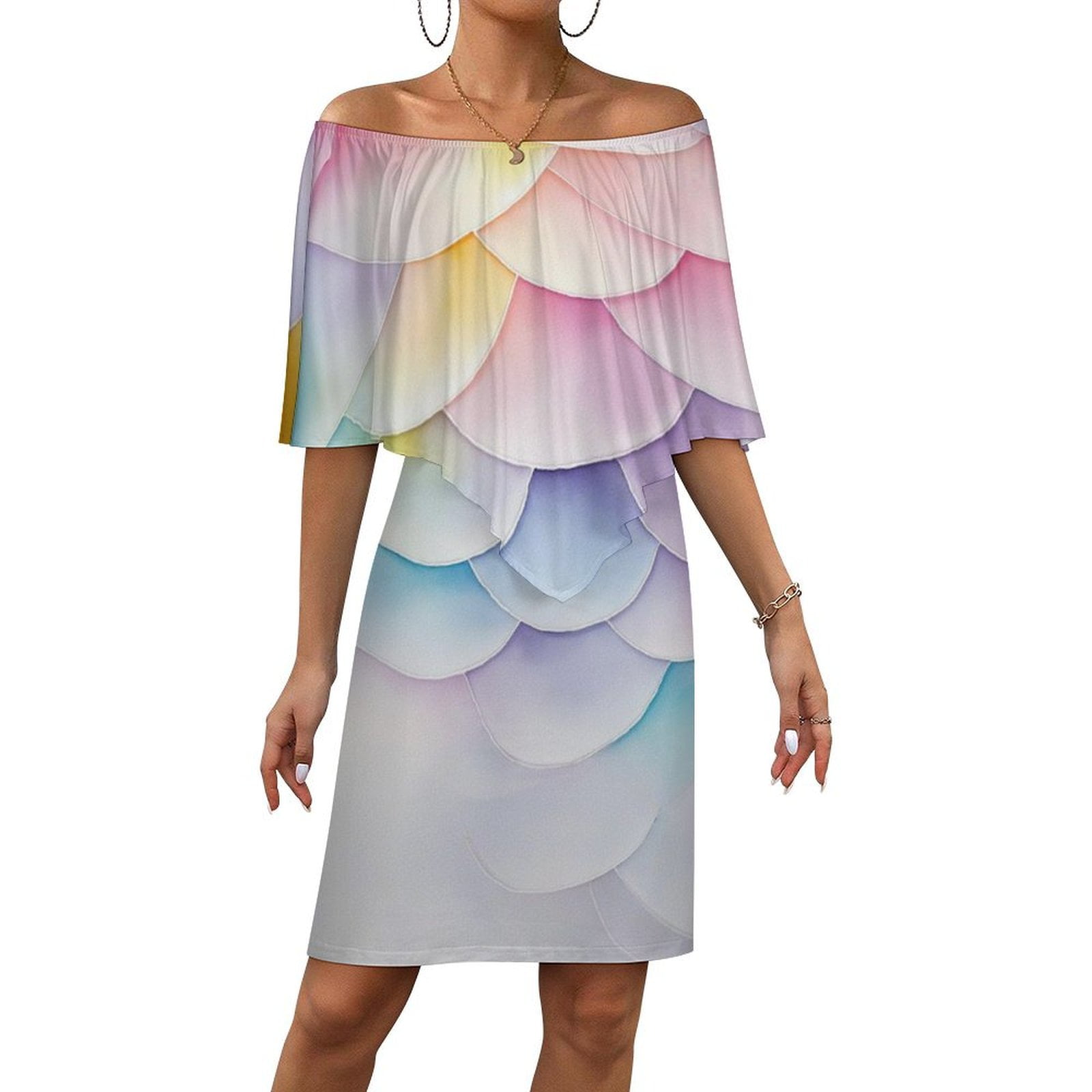 Colorful Mermaid Scales Women's Off The Shoulder Ruffles Summer Wedding ...