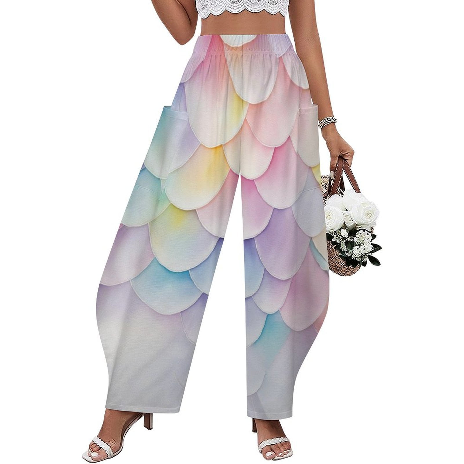 Colorful Mermaid Scales Womens Casual Baggy with Pockets Trousers Loose ...