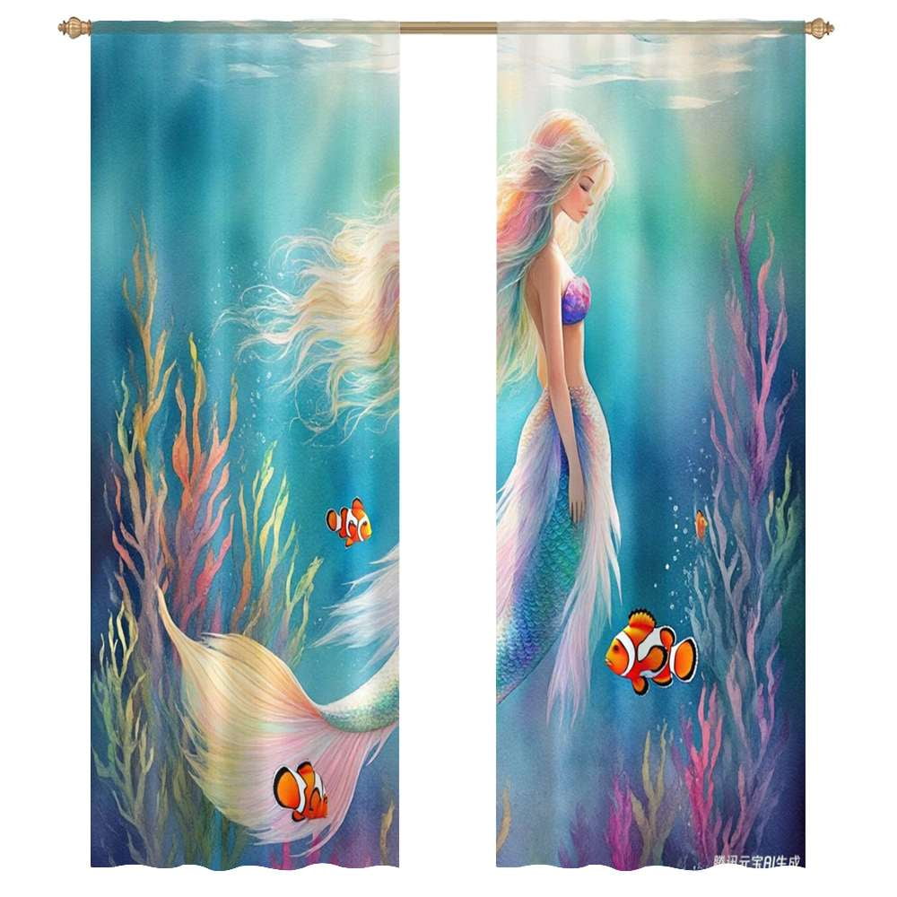 Colorful Mermaid Under The Sea Sheer Window Curtains for Living Room ...