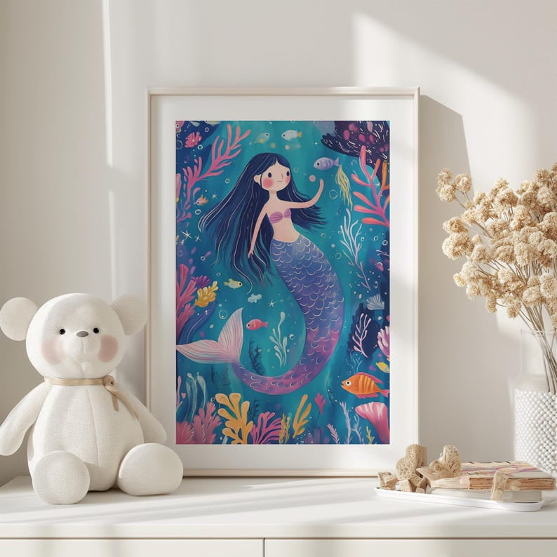 Colorful Mermaid Wall Art, Printable Mermaid Wall Decor, Nursery Print ...