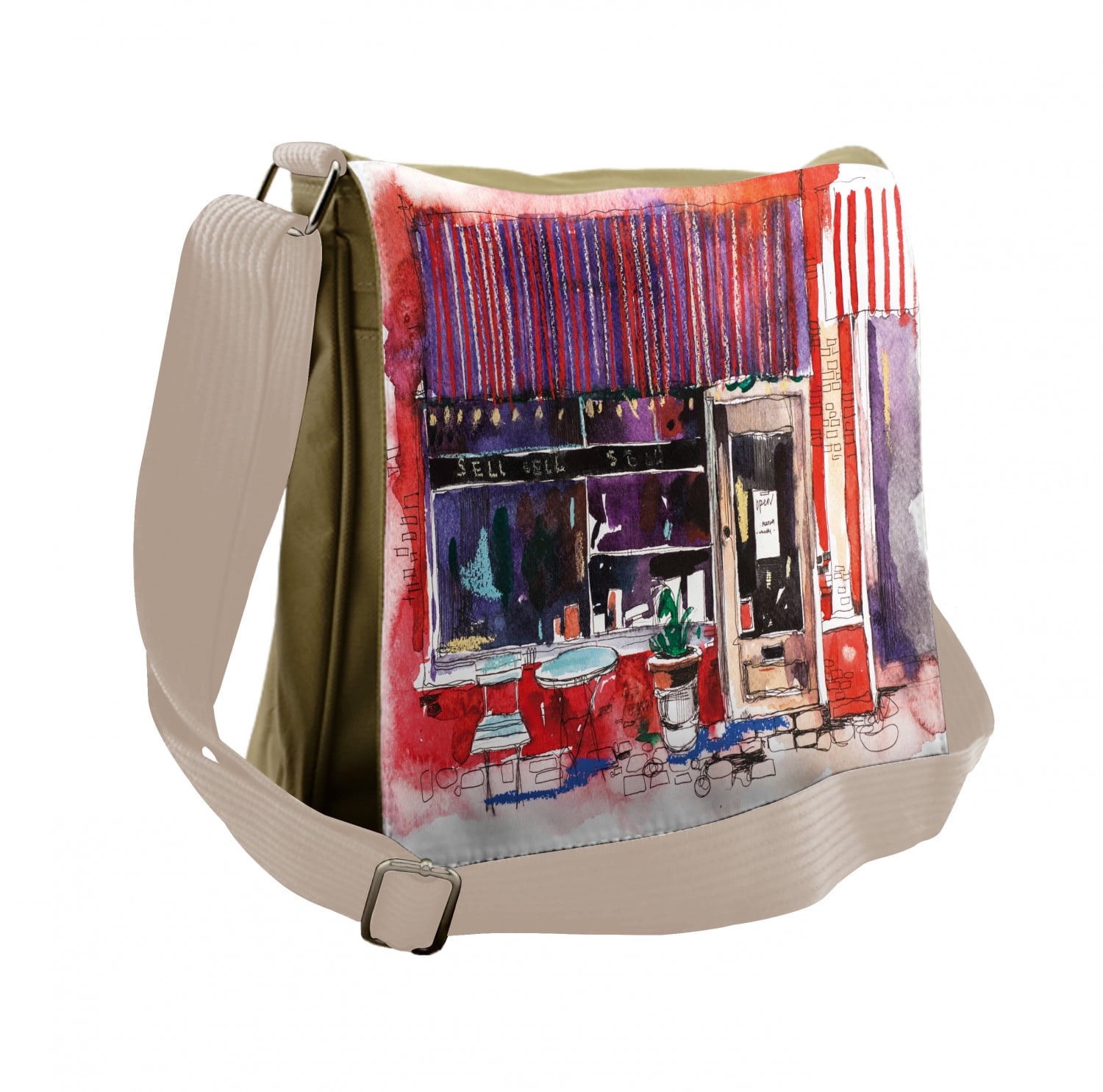 Colorful Messenger Bag, Watercolor Street Cafe Art, Unisex Cross-body ...