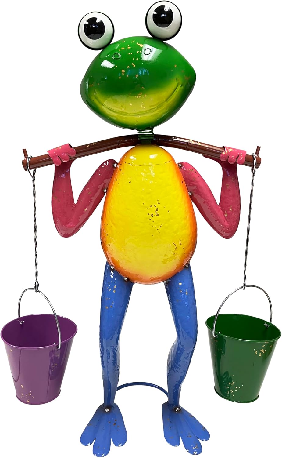 Colorful Metal Frog Statue Holding Bucket Planters with a Green Colored ...