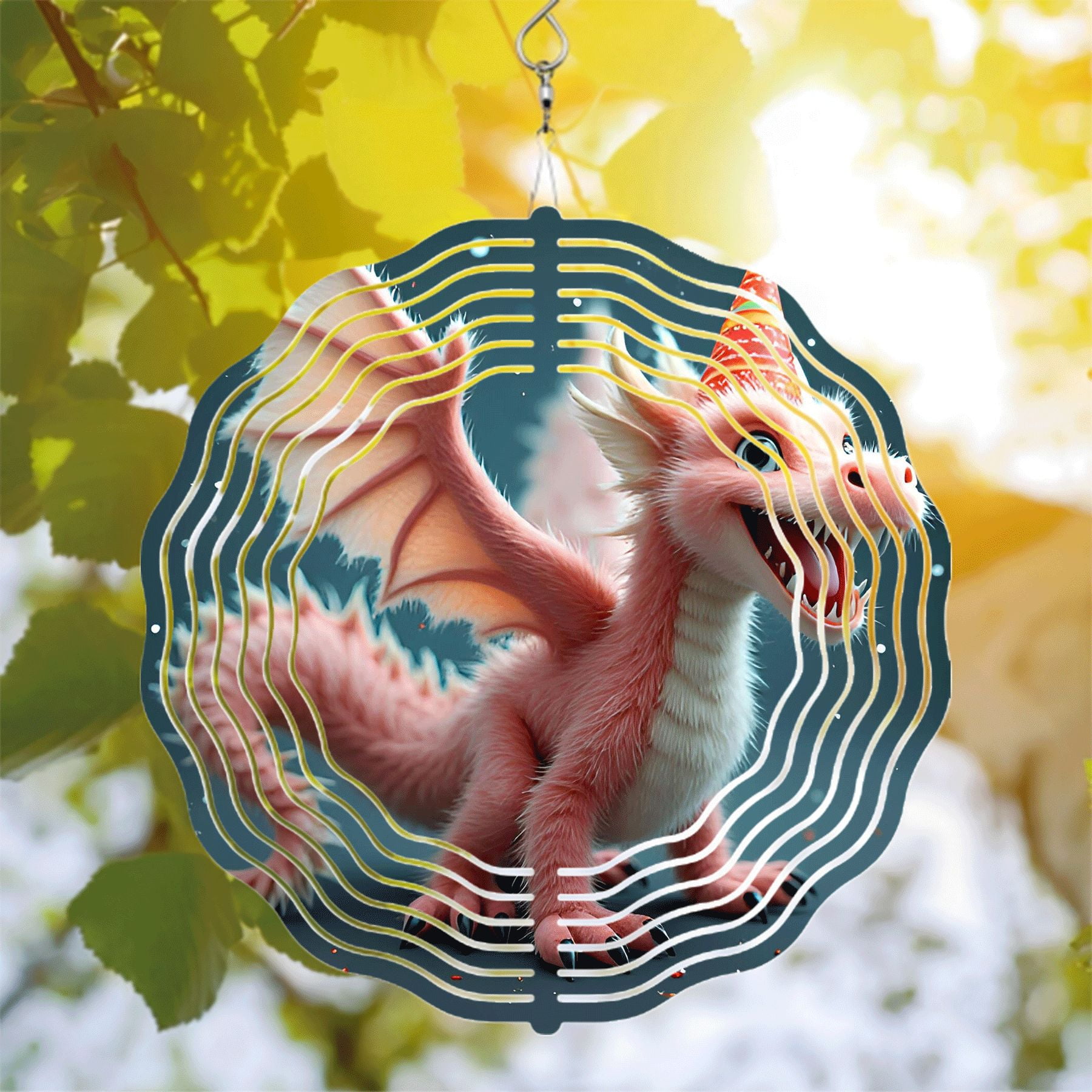 Colorful Metal Hanging Wind Spinners - Cheerful Pink Dragon Design with ...