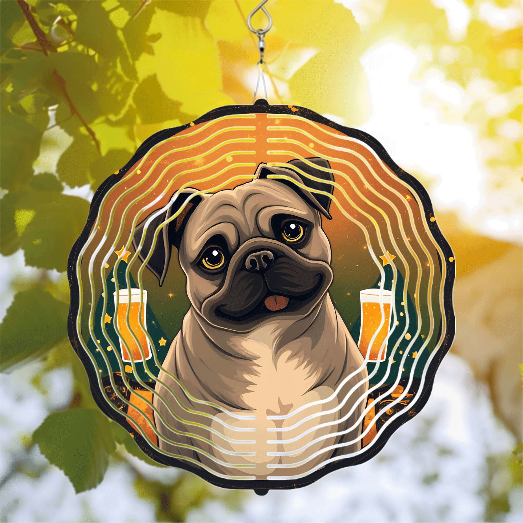 Colorful Metal Hanging Wind Spinners with Cheerful Pug Design - Festive ...