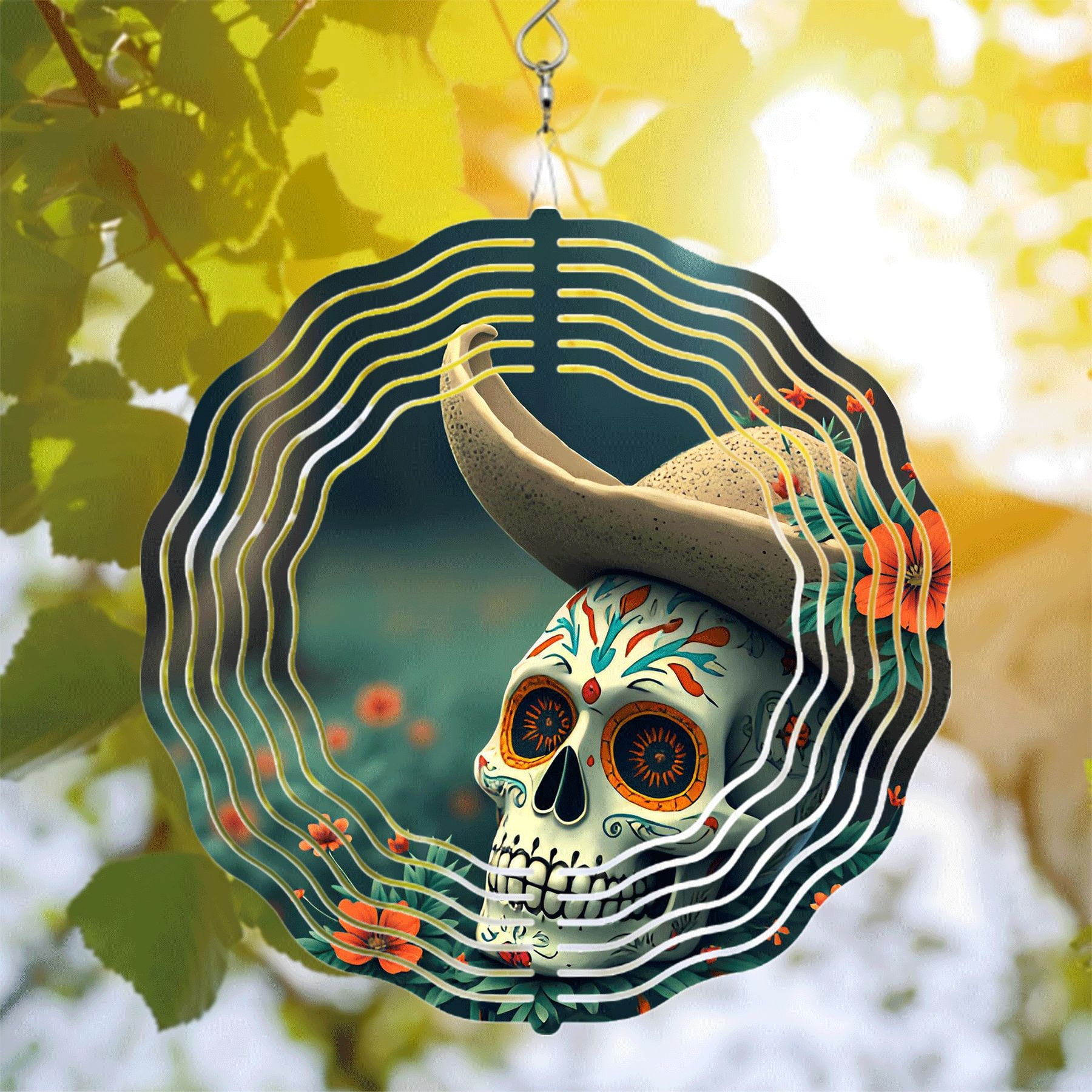 Colorful Metal Wind Spinner with Cow Hat & Floral Design - Vibrant Yard ...
