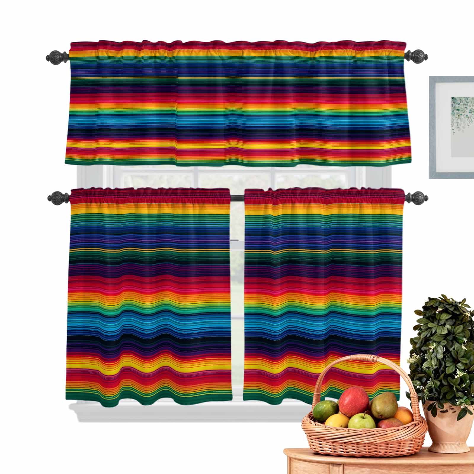 Colorful Mexican Kitchen Curtains Valances 3 Piece Set, Striped Modern ...