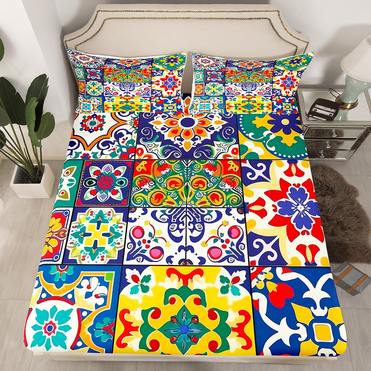 Colorful Mexican Style Twin Fitted Sheet,Retro Talavera Tile Bedding ...