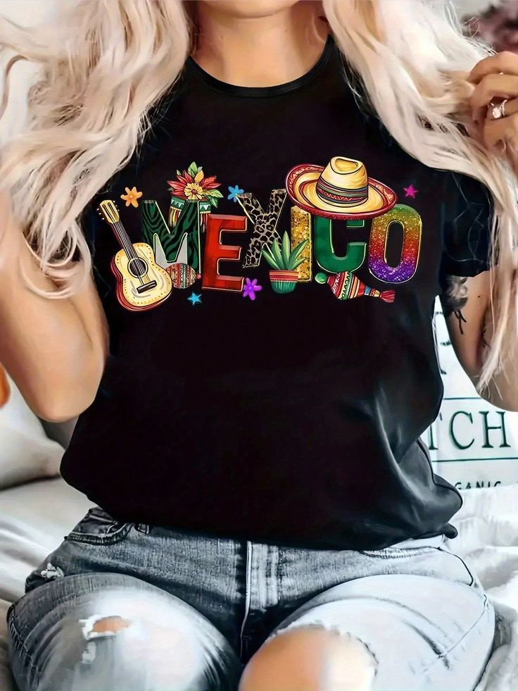 Colorful Mexico Cultural Graphic Tee with Sombrero Guitar Cactus Fiesta ...