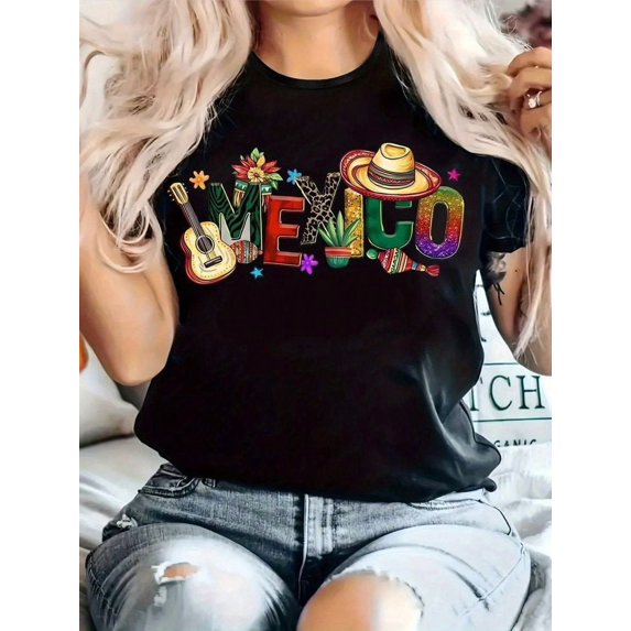Colorful Mexico Cultural Graphic Tee with Sombrero Guitar Cactus Fiesta ...